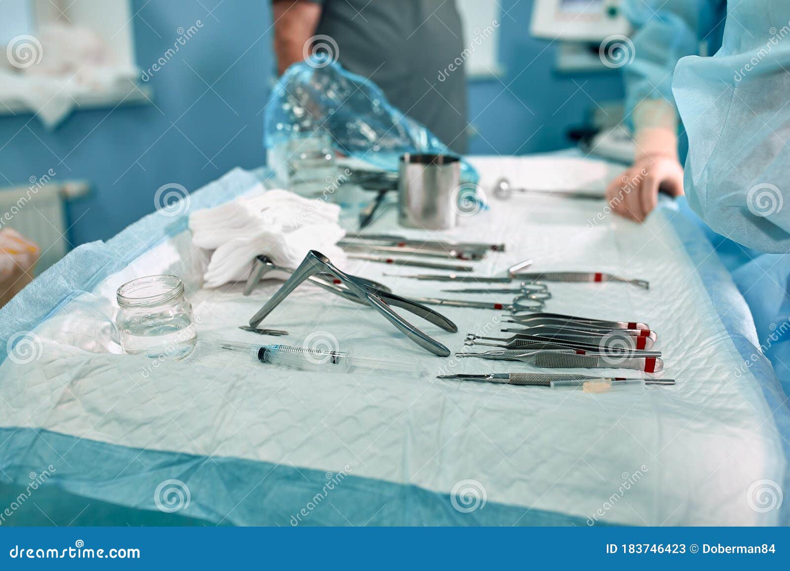 Sterile Instruments on the Operating Table, Blue Light, Real Operating ...