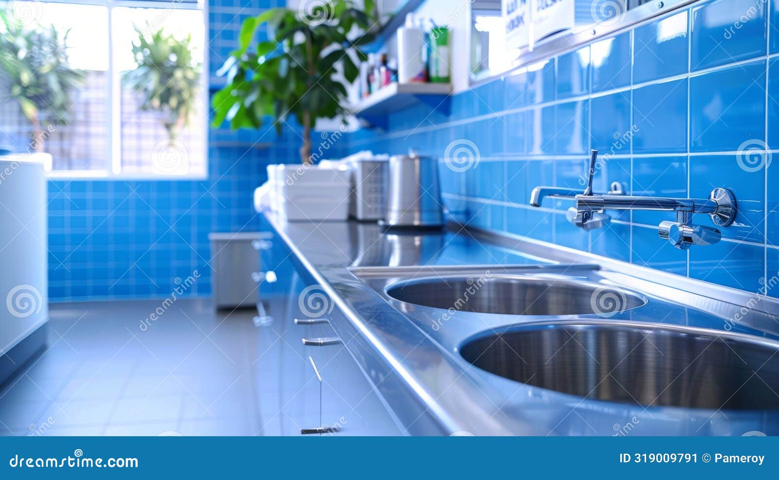 Sterile Laboratory Kitchen with Stainless Steel Surfaces and Blue Tile ...