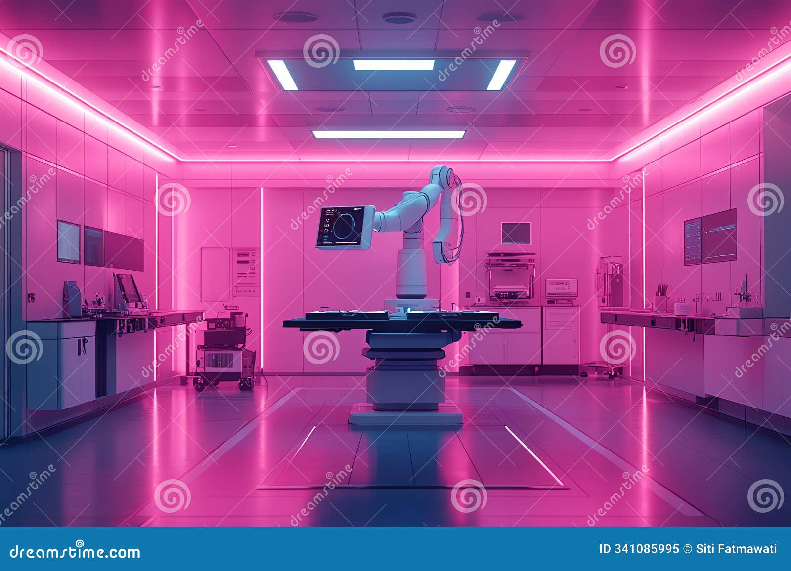 A Sterile Operating Room with a Robotic Arm and Pink Lighting Stock ...