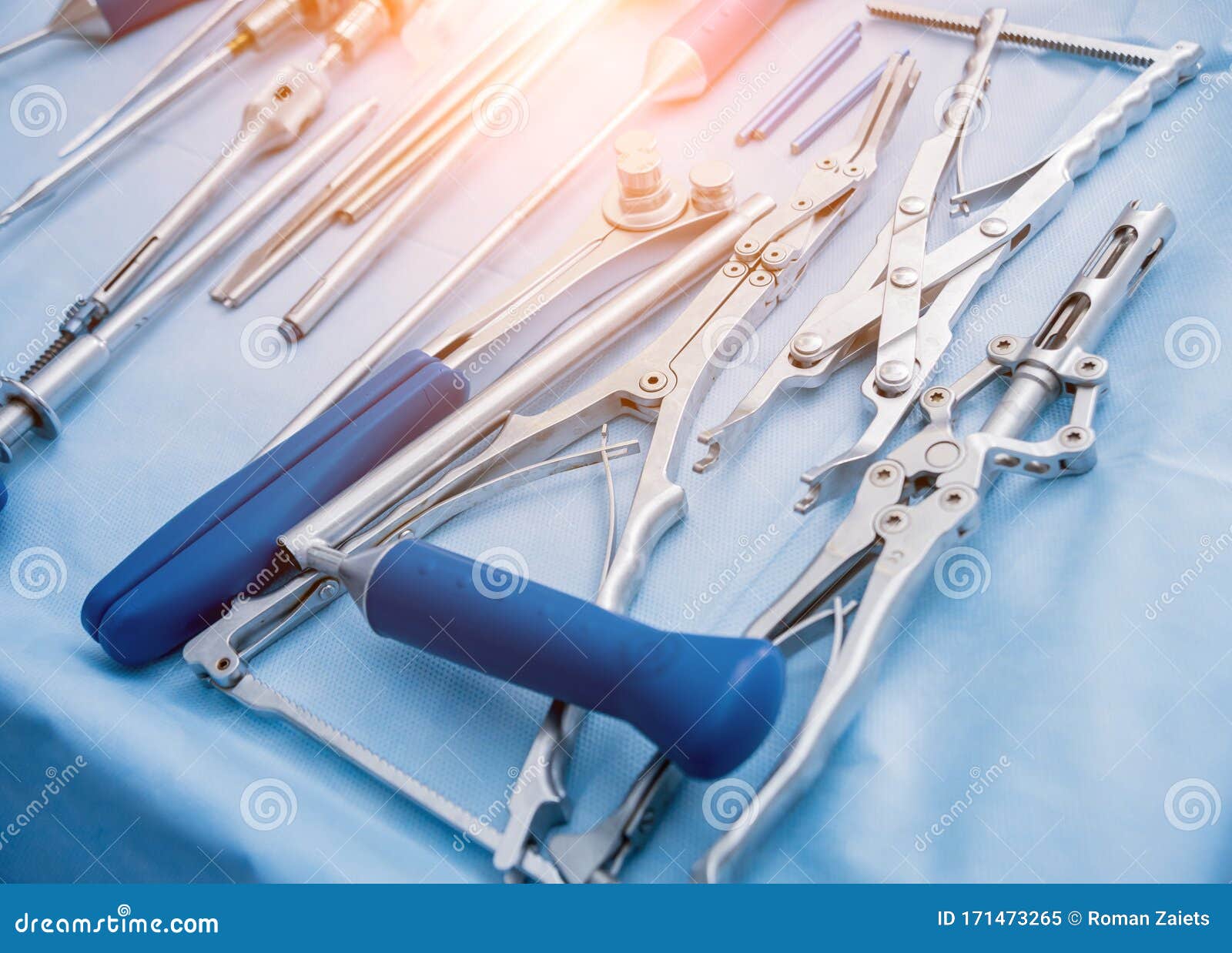 Sterilized Surgical Instruments and Tools on the Blue Table. a Spine ...
