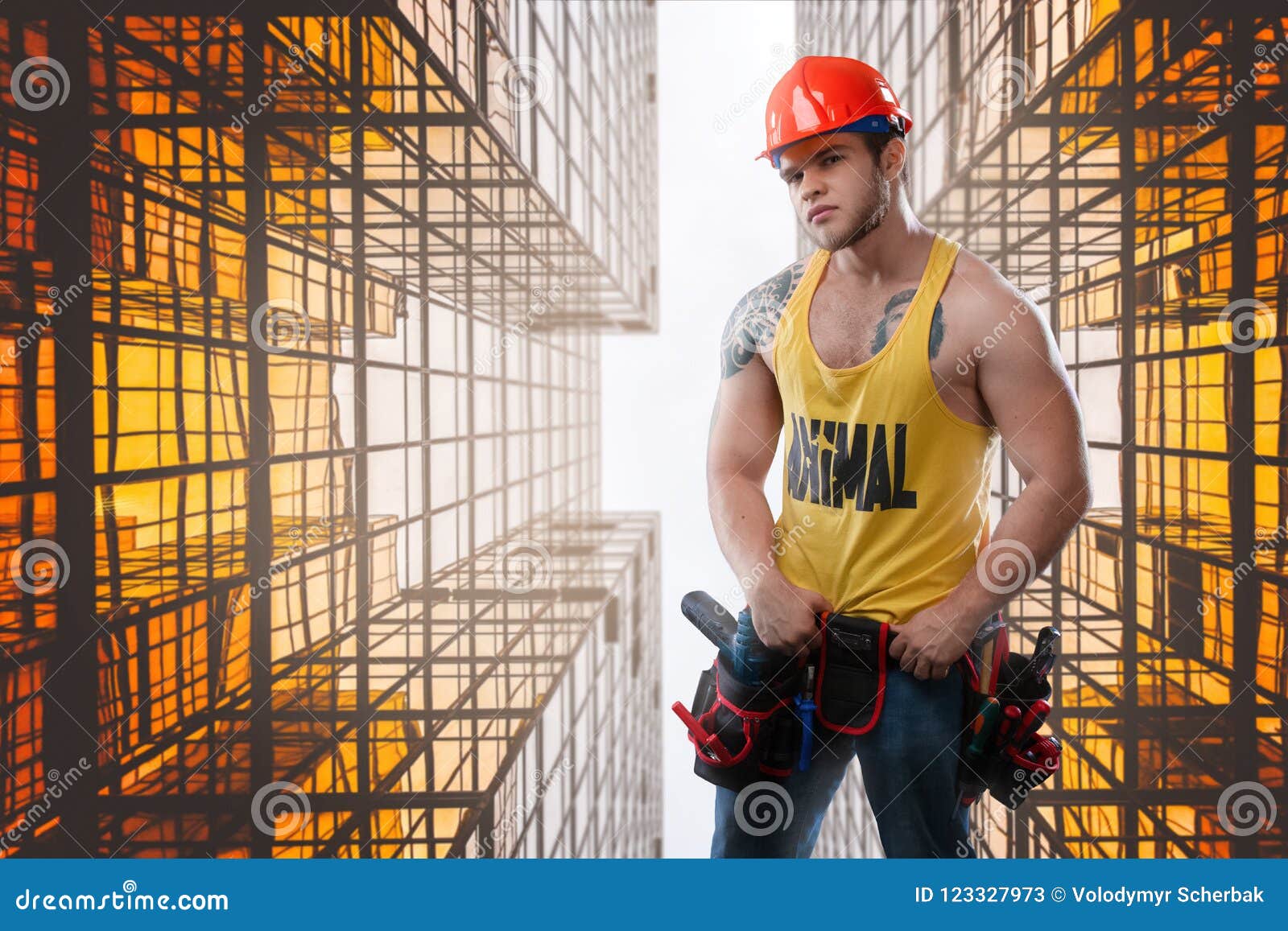 Sterk Bouw Bouwvakker Tegen De Achtergrond Van De Mutallic Structuren ...