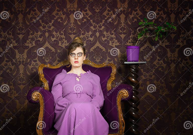 Stern Lady in a Purple Setting Stock Photo - Image of coiffure ...