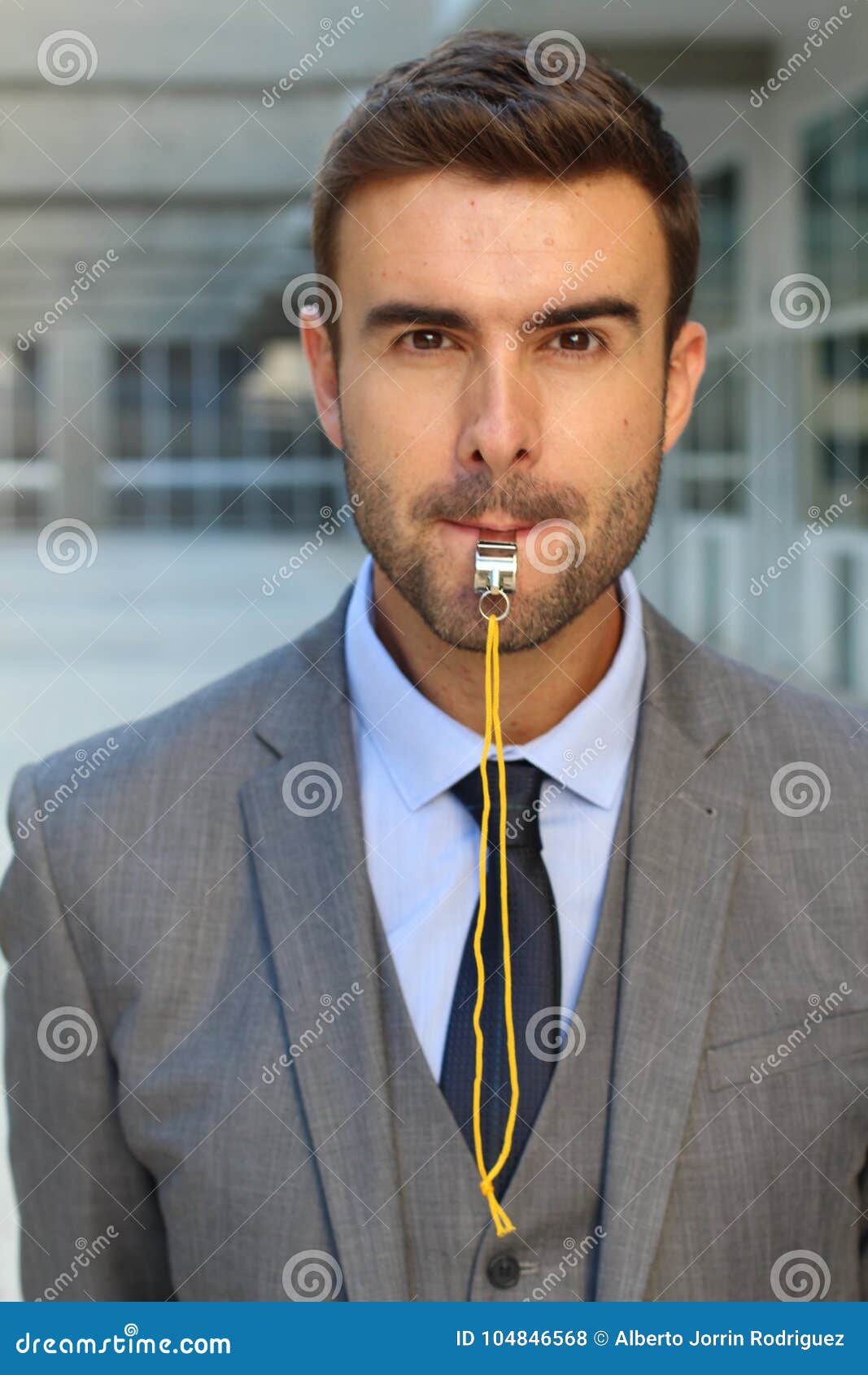 Stern Man Blowing Whistle in Office Space Stock Photo - Image of ...