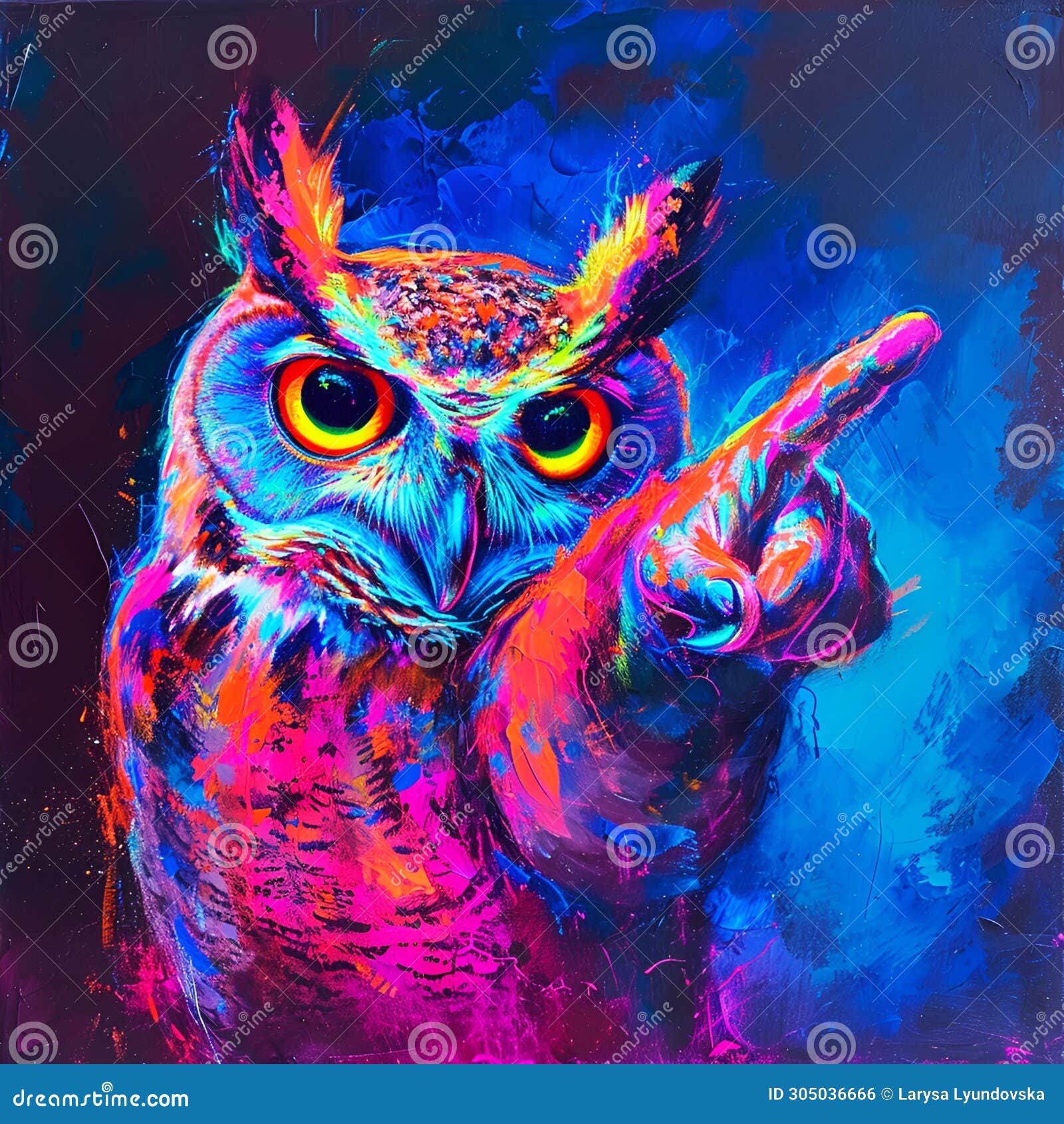 A Stern Owl in a Neon Glow Points with Its Finger in the Direction ...