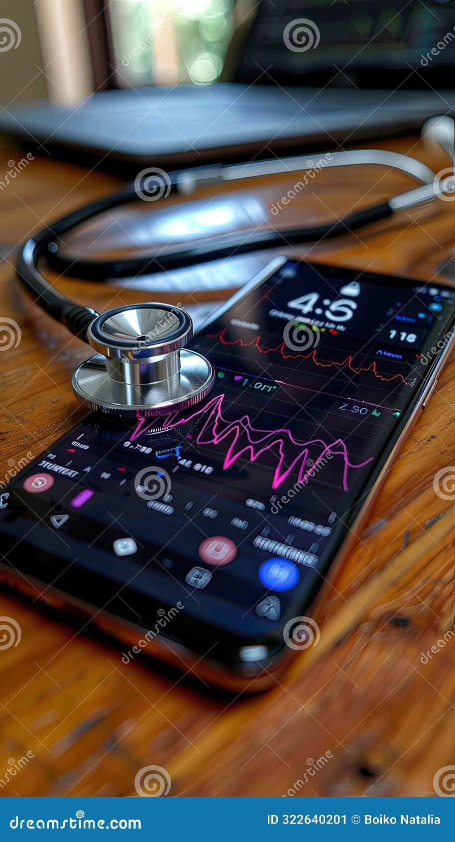 A Stethoscope Rests on a Purple Cell Phone Placed on a Table Stock ...
