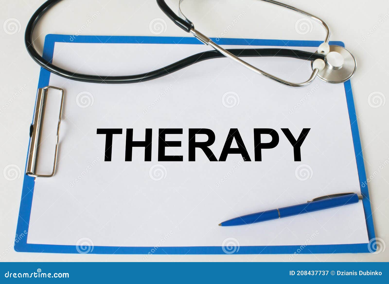 Stethoscope, Clip Board with Text Therapy and Blue Pen Stock Image ...