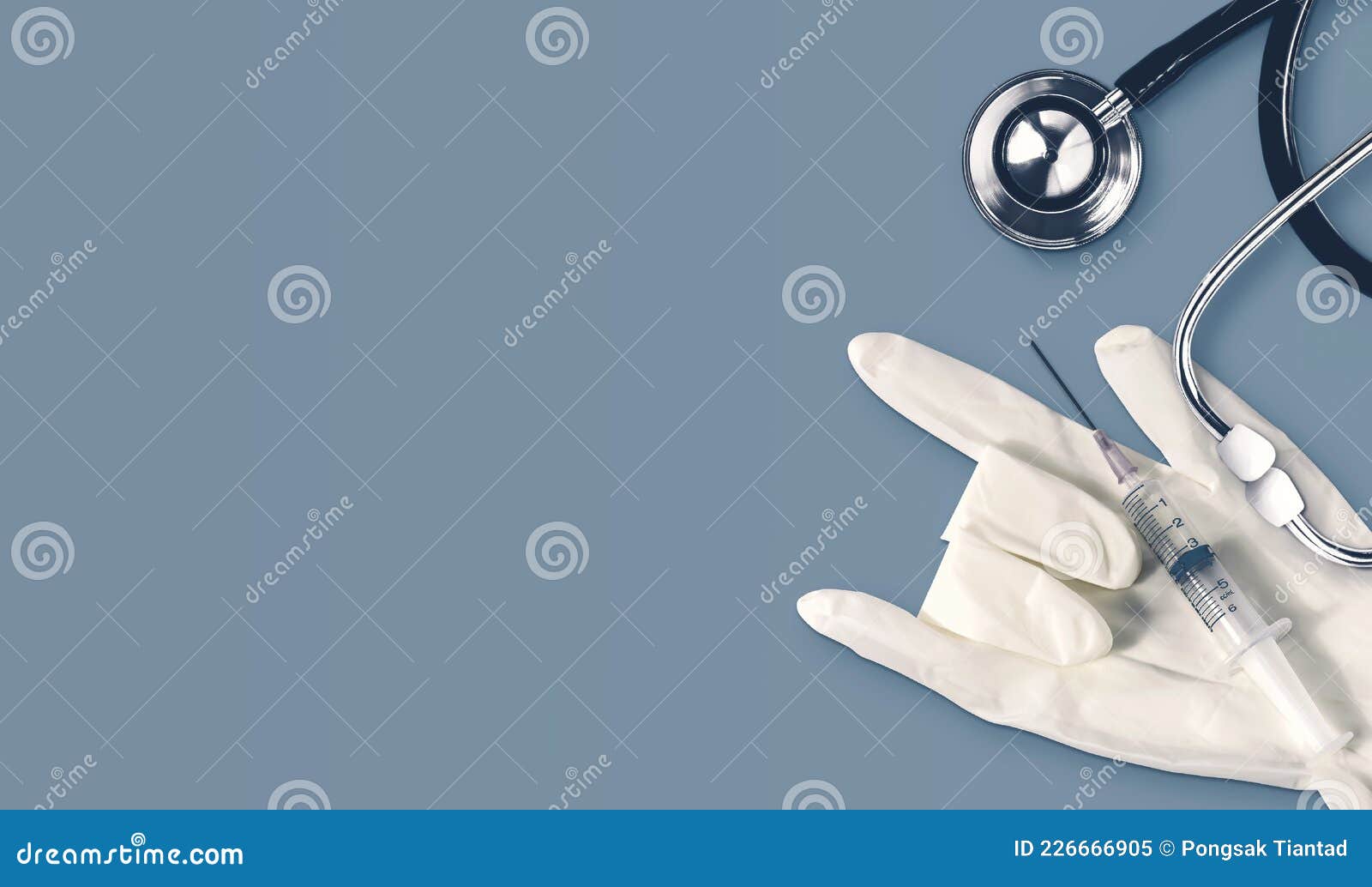 Stethoscope, Glove and Injection Isolated on Blue Background Stock ...