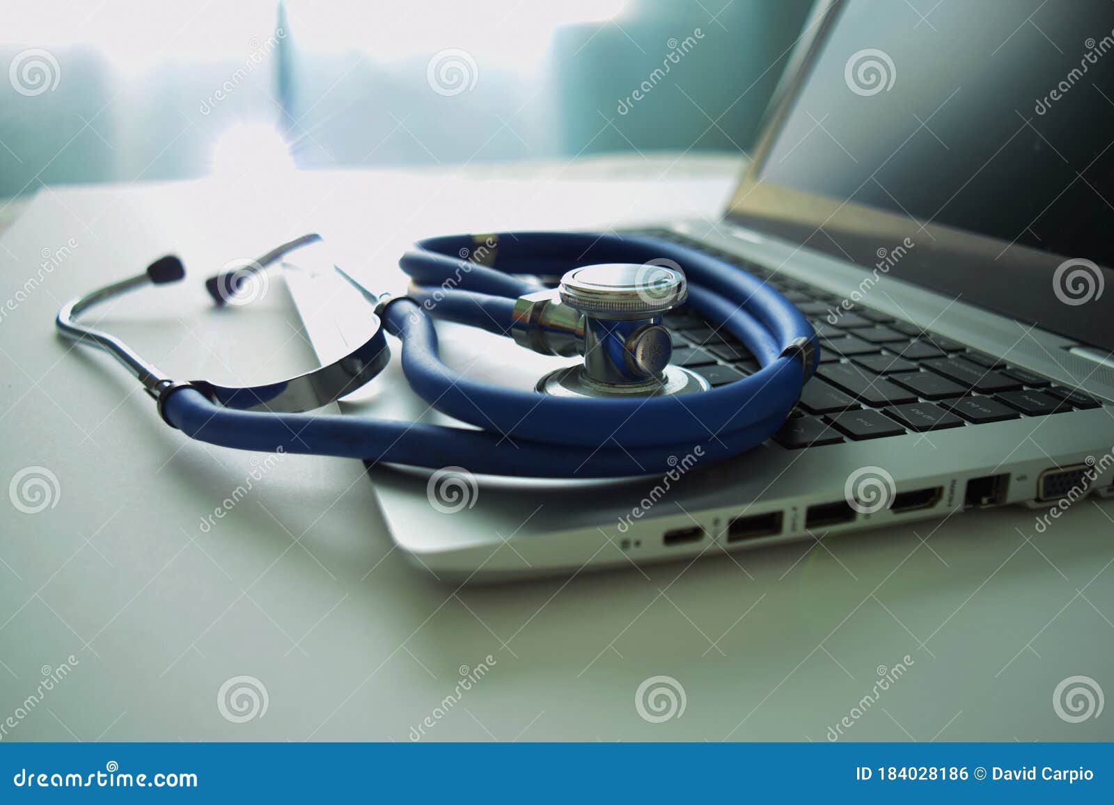Medical Technology Concept. Stethoscope and Laptop Stacked on Desk ...