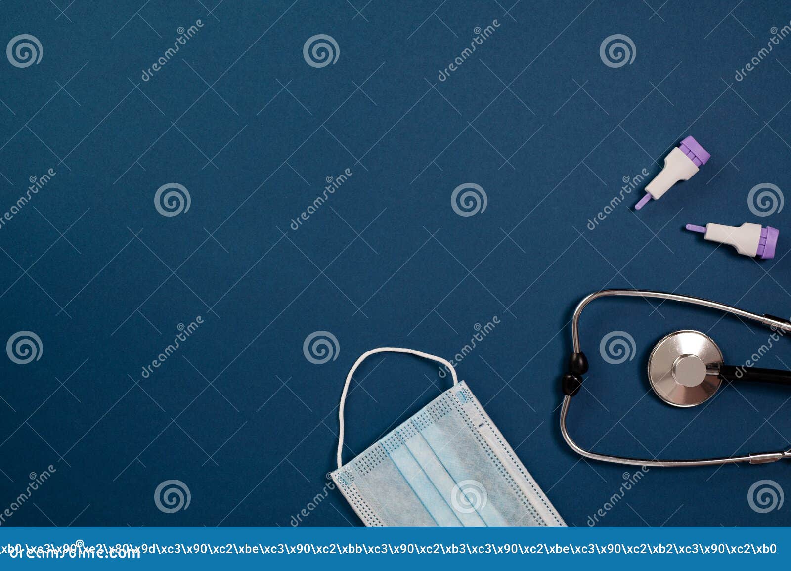 Stethoscope, Mask and Lancet on Blue Background with Place for Text ...