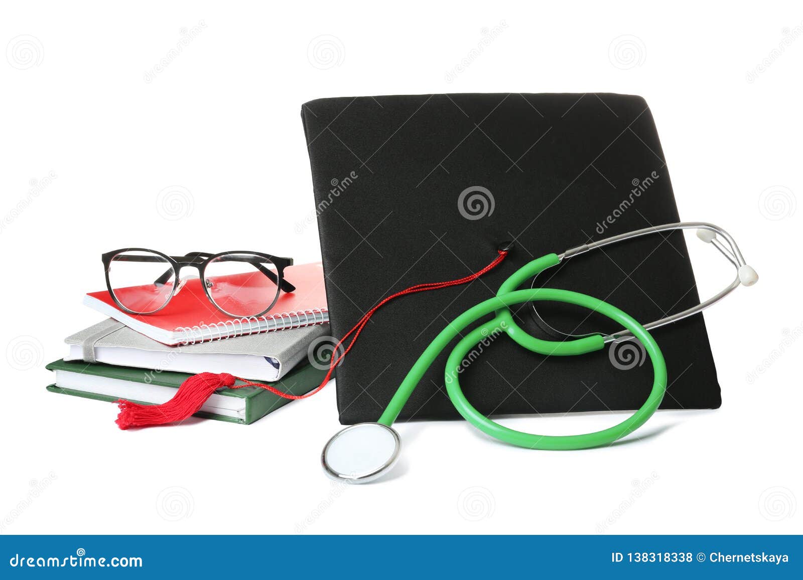 Stethoscope And Graduation Hat On White Background, Top View. Royalty ...
