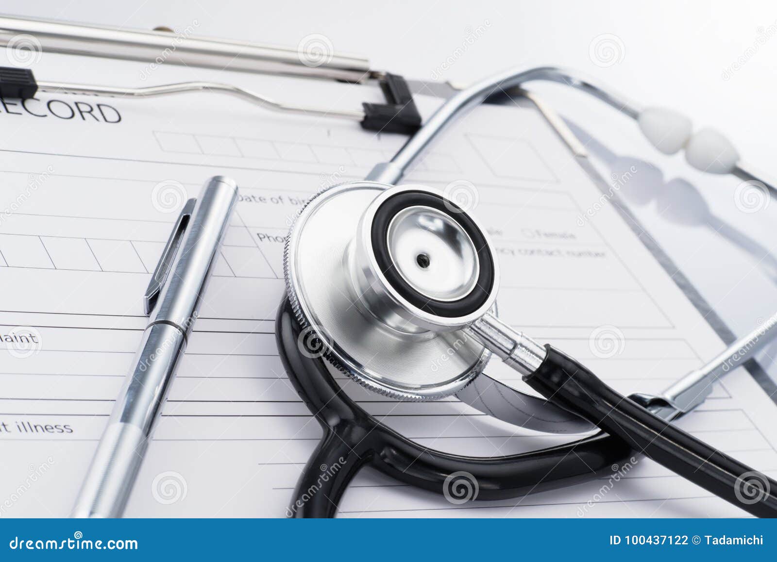 Stethoscope and Pen on Medical Record. Stock Photo - Image of ...
