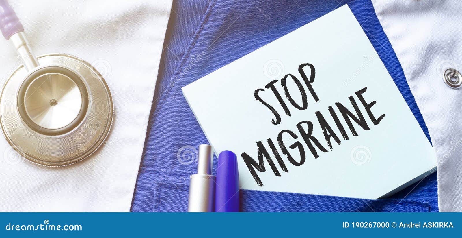 Stethoscope, Pens and Note with Text Stop Migraine on the Doctor ...