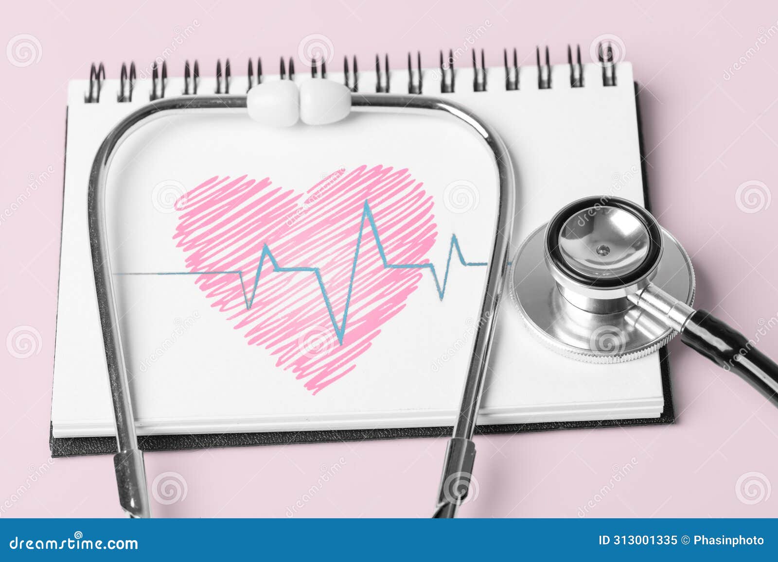 Stethoscope and Pulse Heartbeat Notebook Still Life Object on Pink ...