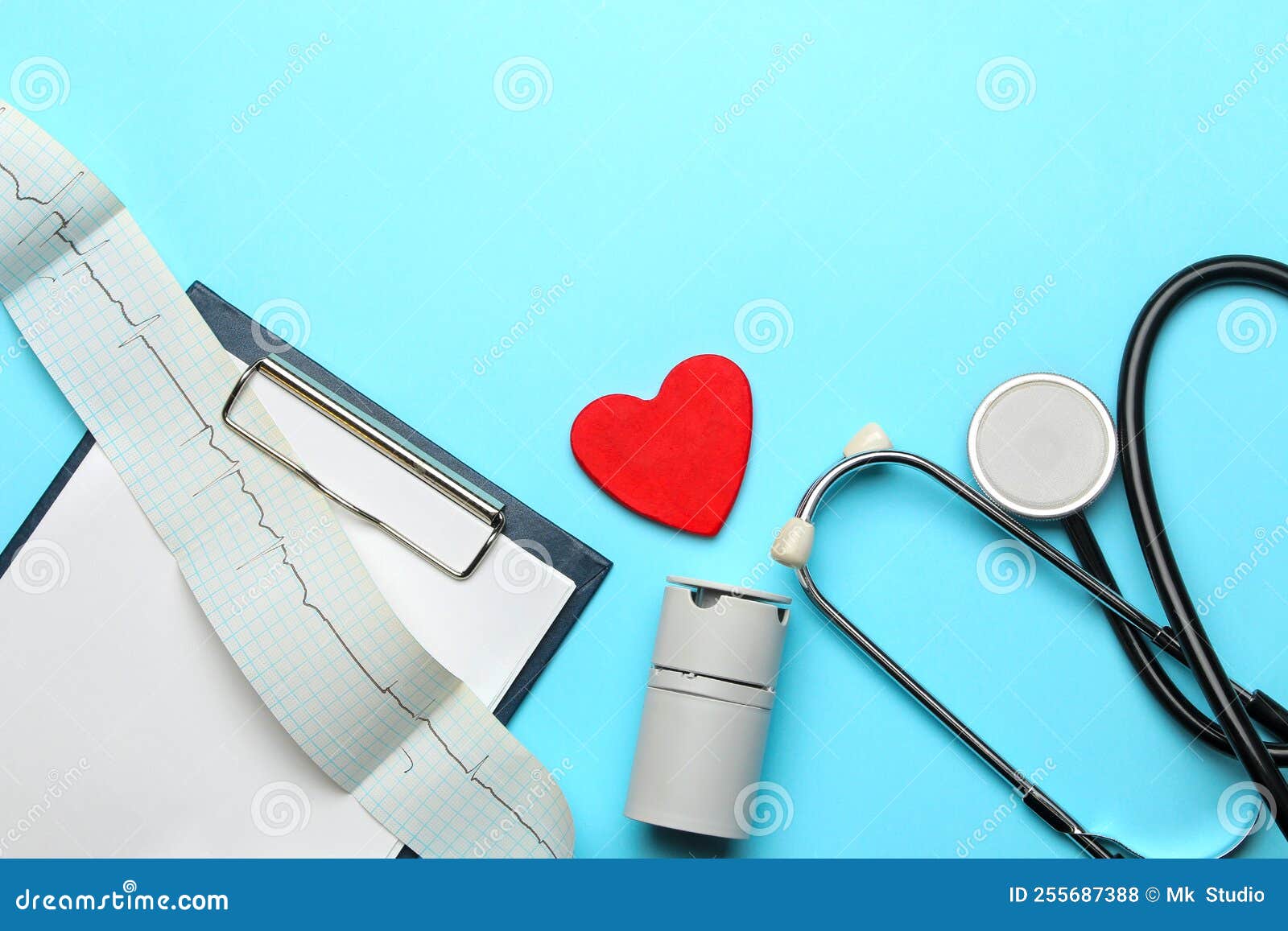 Stethoscope Red Heart And Cardiogram On A Blue Background Doctor`s