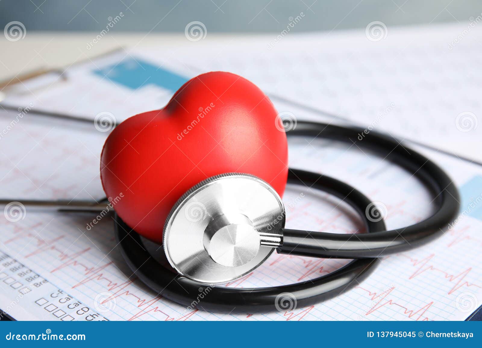 Stethoscope, Red Heart and Cardiogram on Table. Stock Image - Image of ...