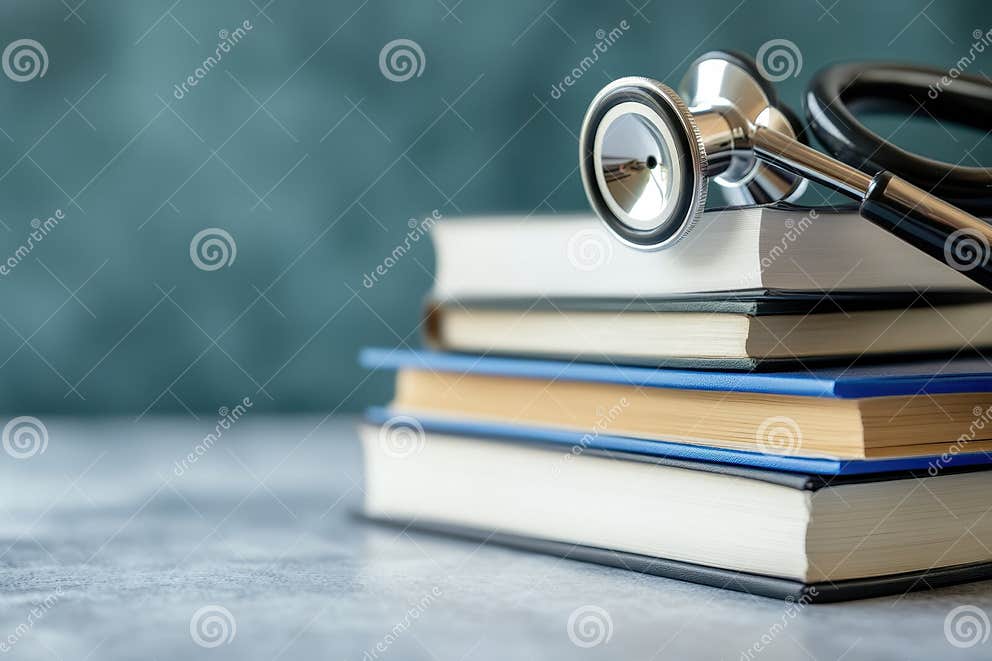 Stethoscope Resting on a Stack of Medical Textbooks in a Study Space at ...