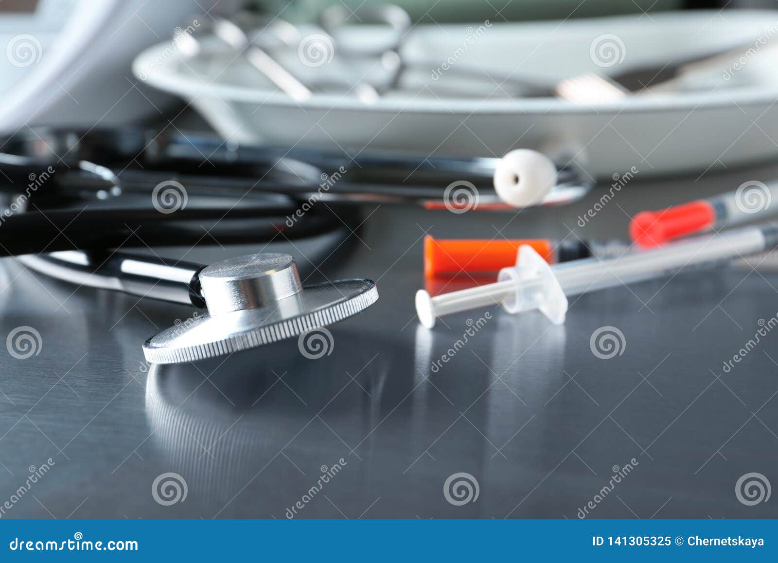 Stethoscope and Syringes on Grey Table. Stock Image - Image of modern ...