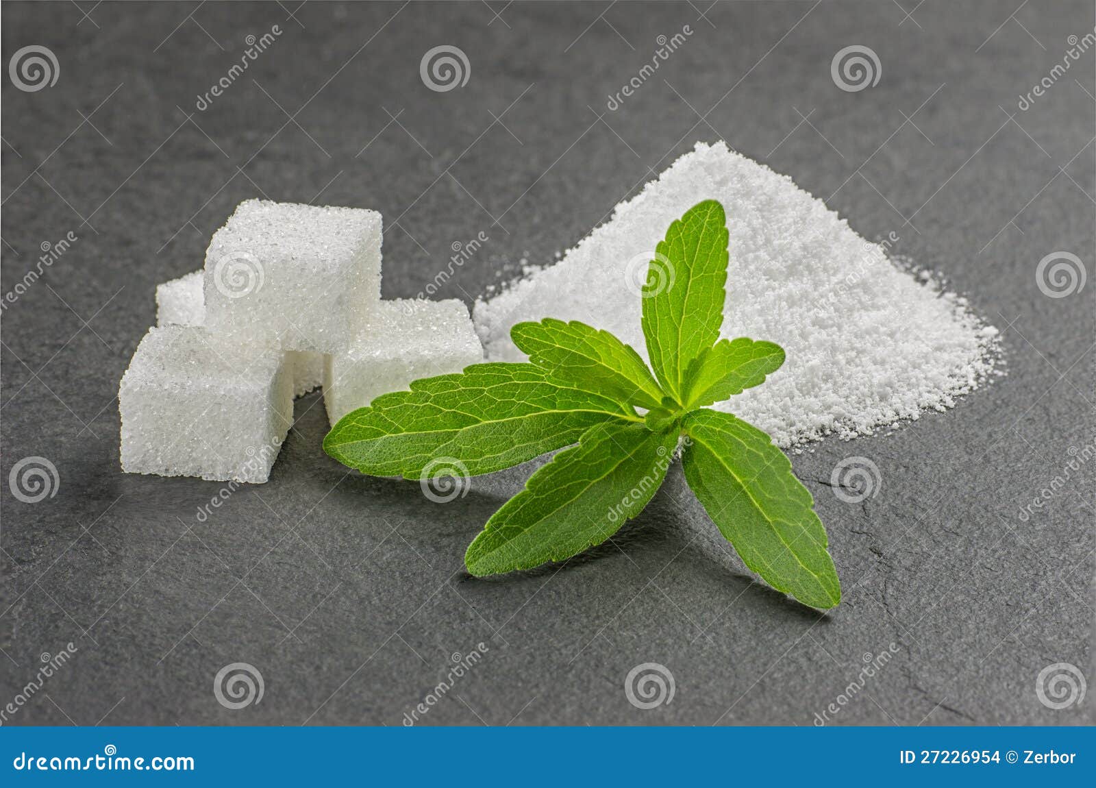 Stevia Leaves with Stevia Powder on a Slate Plate Stock Photo - Image ...