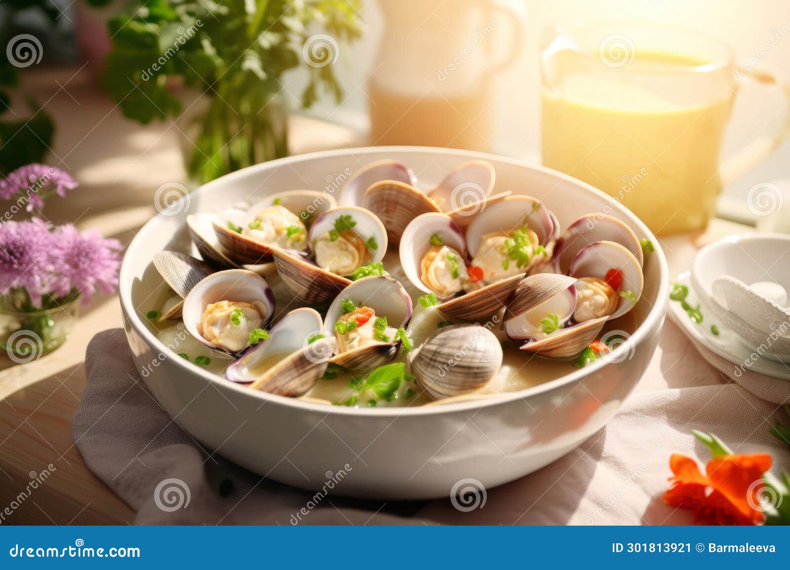 Stew on a Plate. Steamed Shellfish Clams with Garlic and Herbs Stock ...