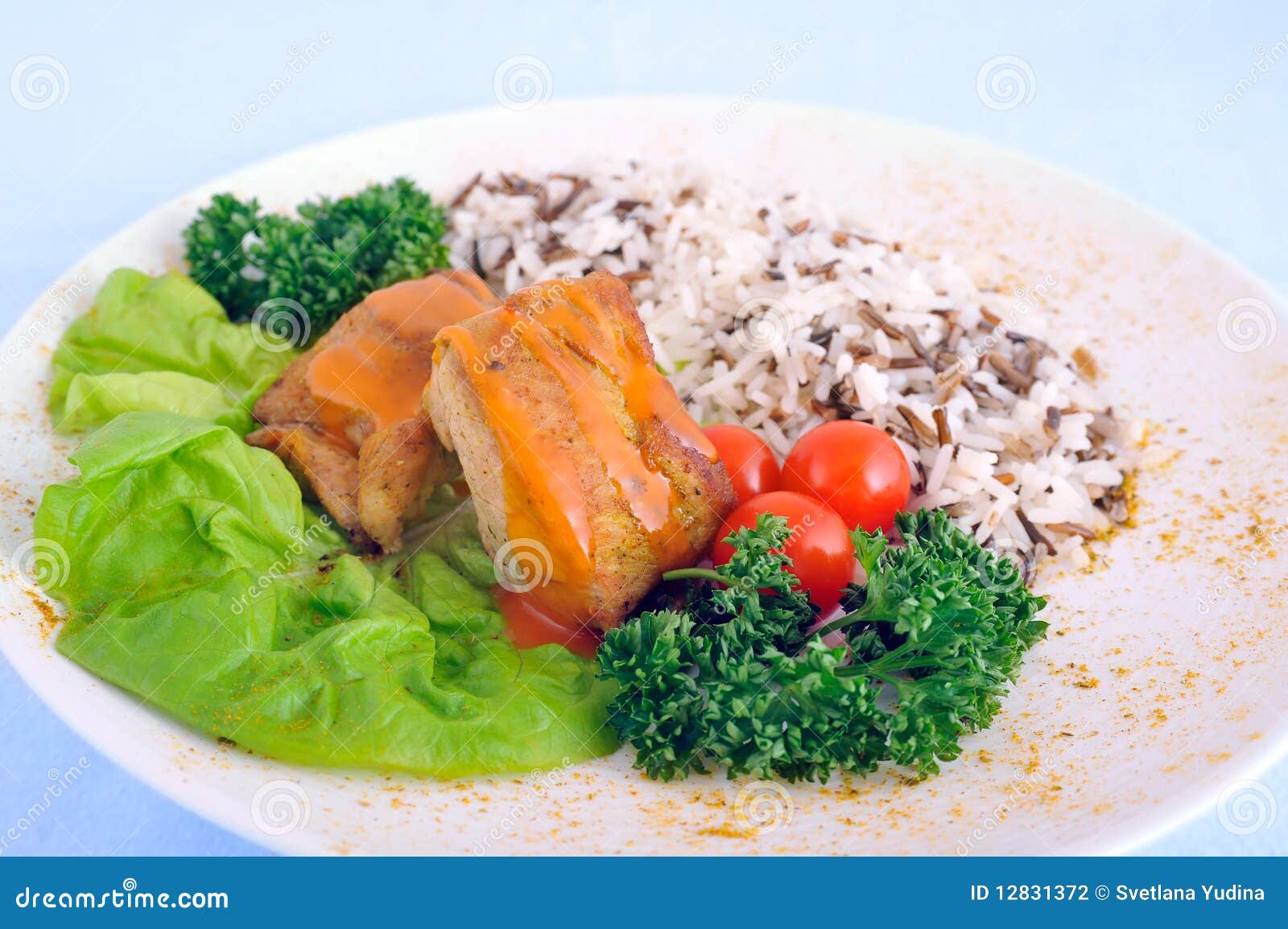 Stew with Rice, Cherry Tomatoes and Lettuce Stock Photo - Image of ...