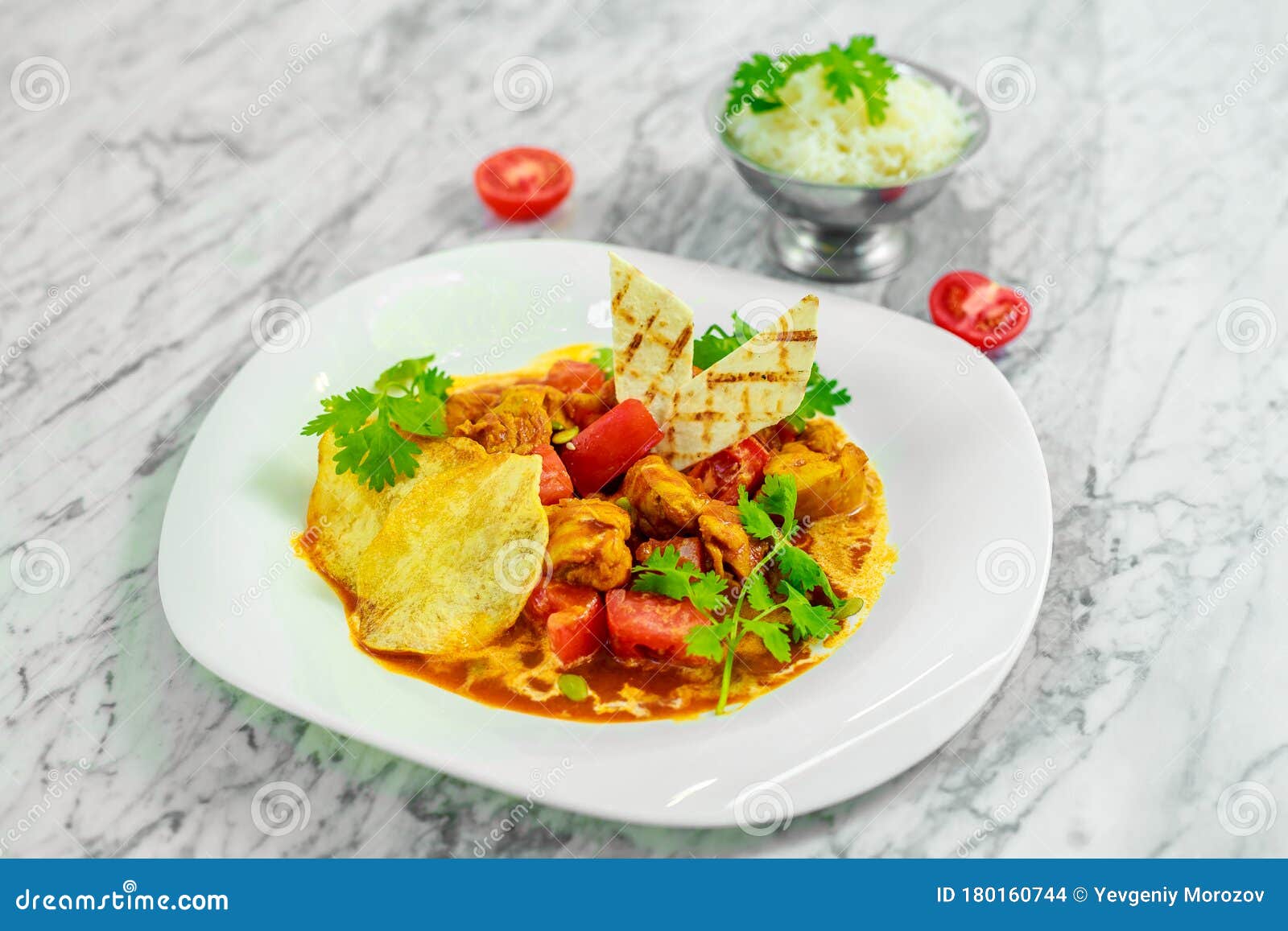 Stew with Vegetables, Homemade Chips and Rice Stock Photo - Image of ...