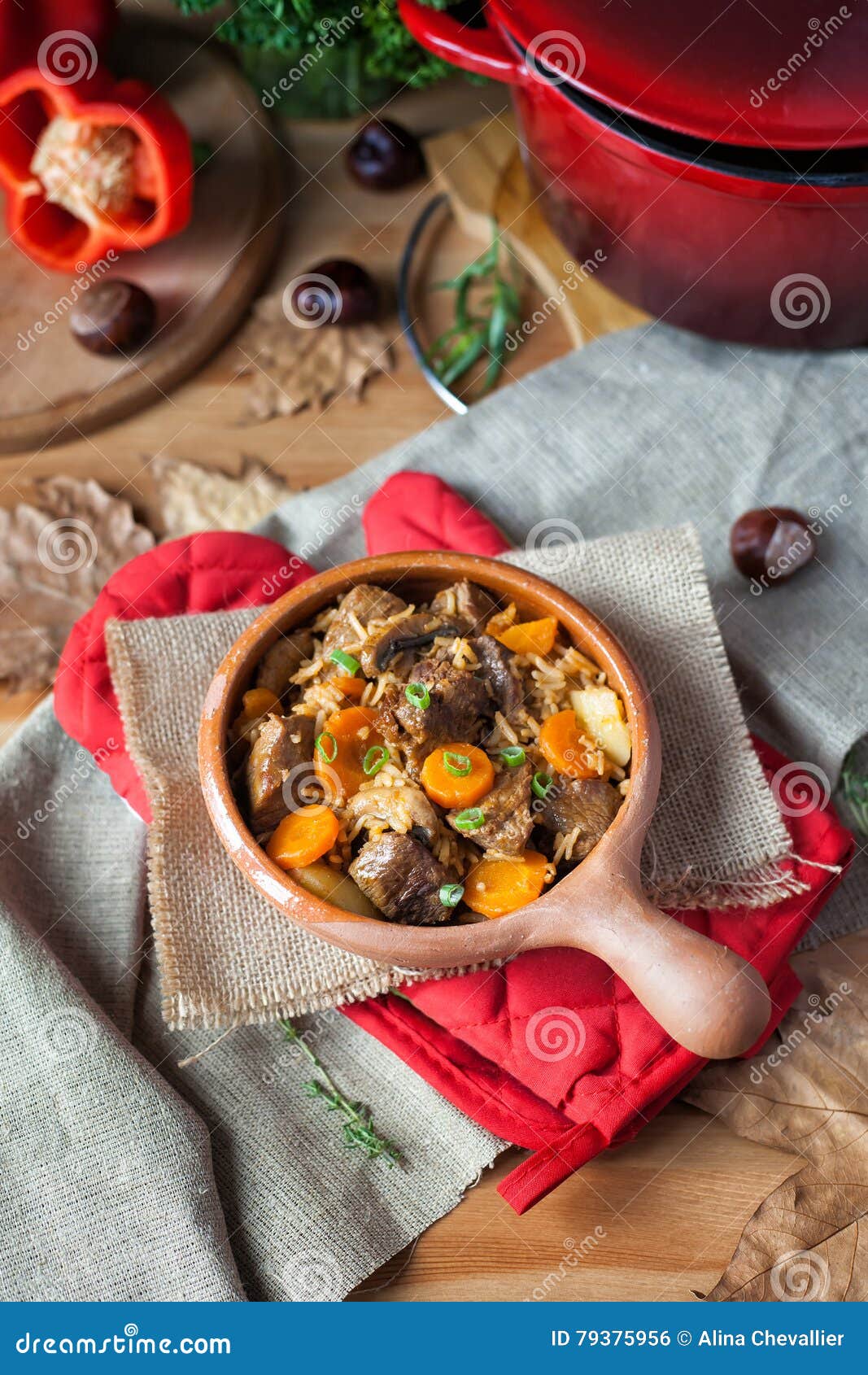 Stewed beef in a clay pot. stock photo. Image of herbs - 79375956