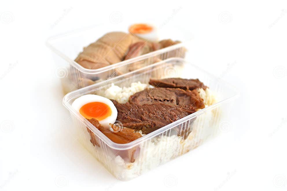 Stewed Beef with Rice in a Plastic Container Ready To Eat Stock Image ...