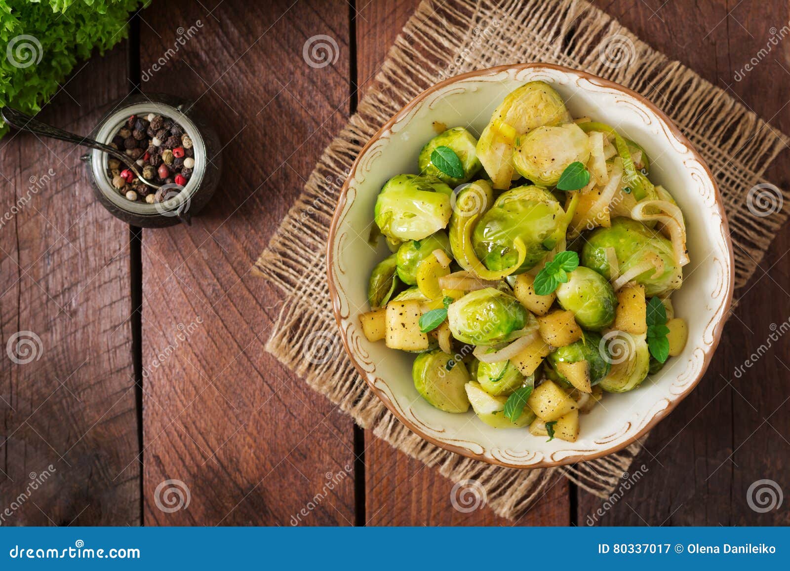 Stewed Brussels Cabbage Sprouts, Apples and Leeks in Bowl. Stock Image ...