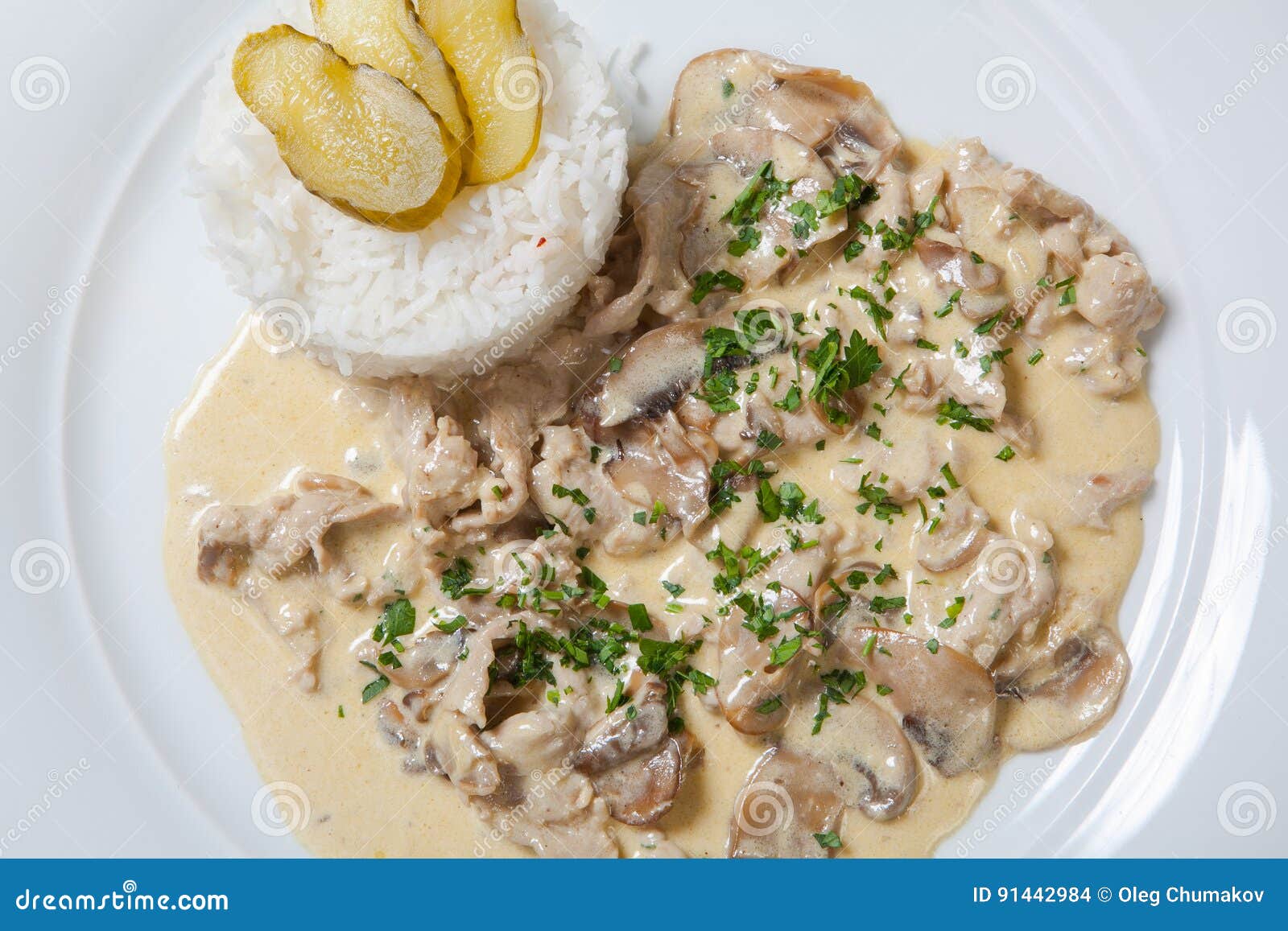 Stewed Chicken with White Rice and Mashroom Sauce Stock Photo - Image ...