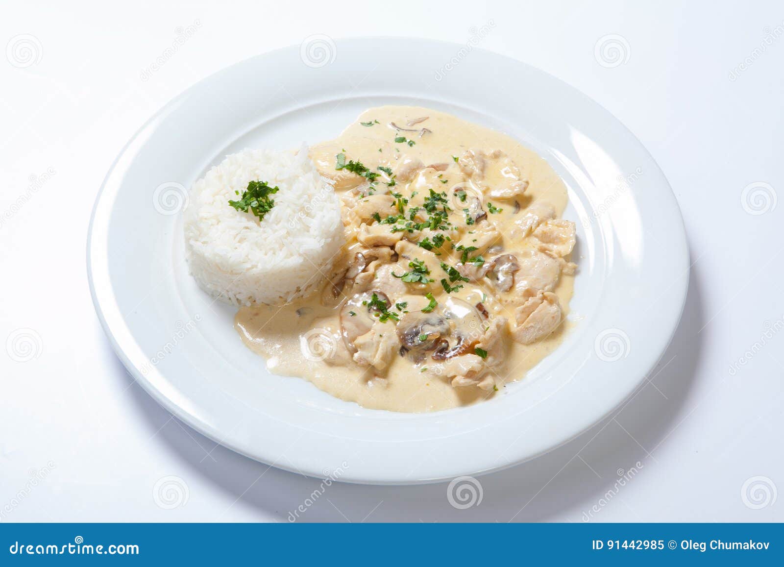 Stewed Chicken with White Rice and Mashroom Sauce Stock Image - Image ...