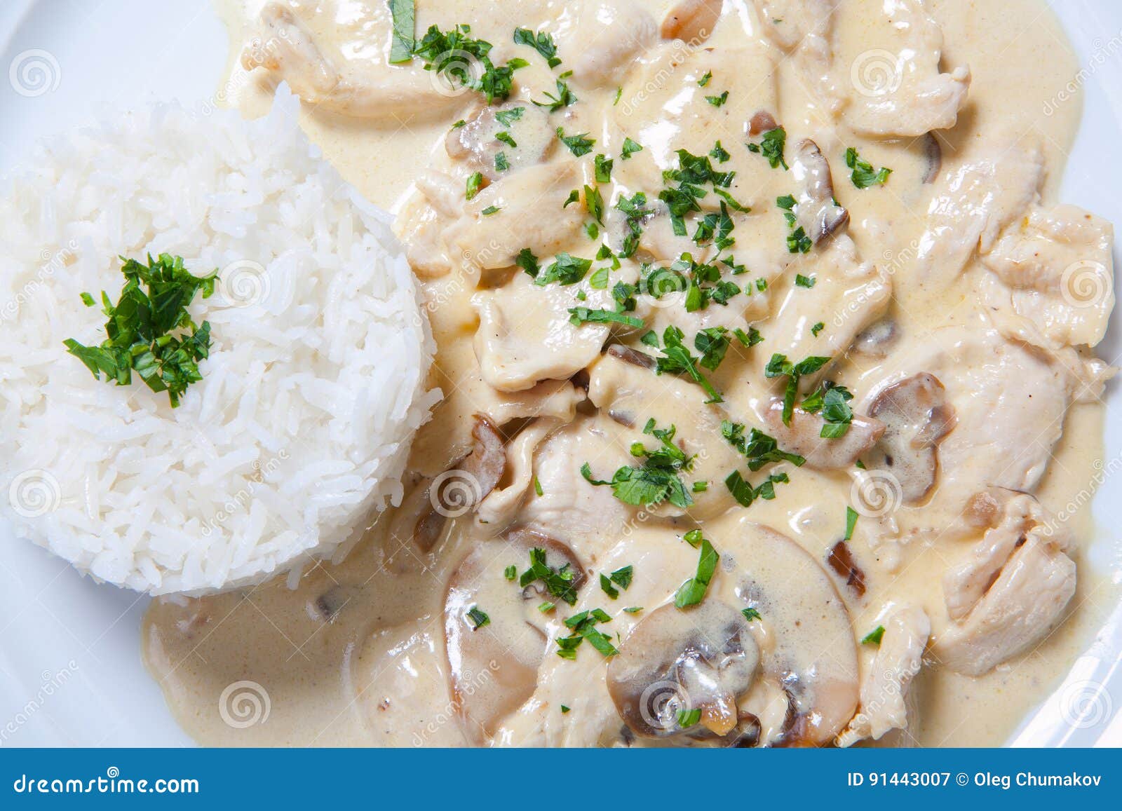 Stewed Chicken with White Rice and Mashroom Sauce Stock Image - Image ...