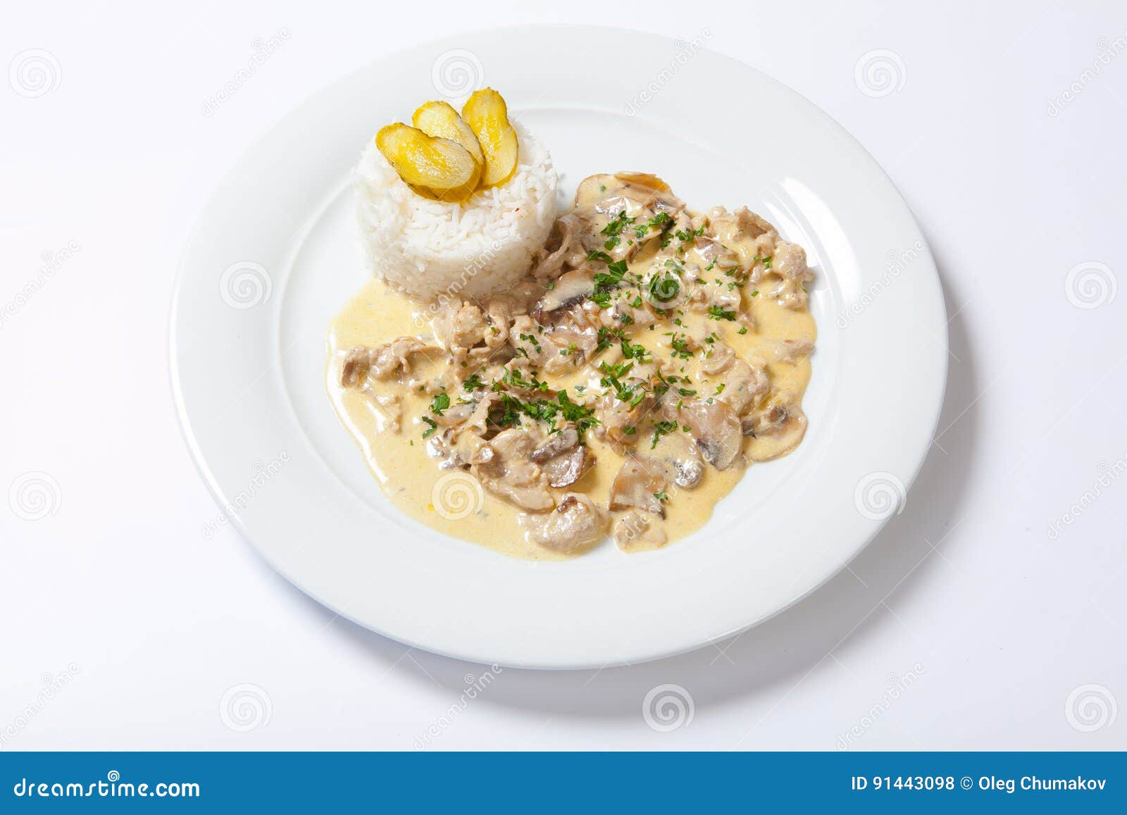 Stewed Chicken with White Rice and Mashroom Sauce Stock Photo - Image ...