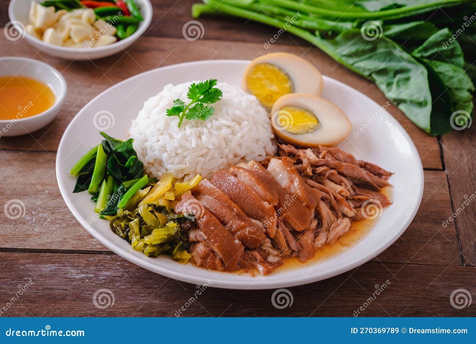 Stewed Pork Leg with Boiled Egg and Rice on Plate Stock Image - Image ...