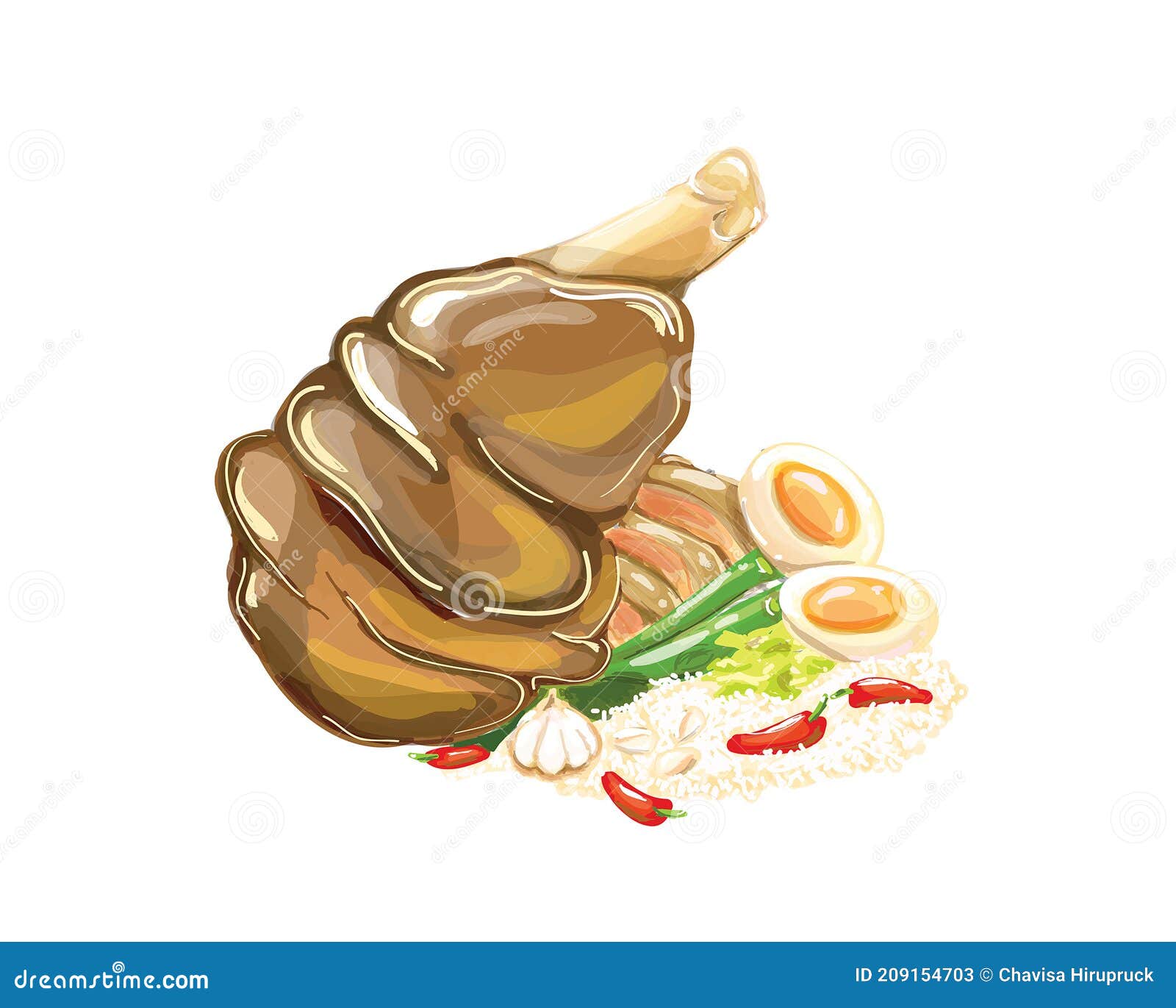 Stewed pork leg on rice stock vector. Illustration of dish - 209154703