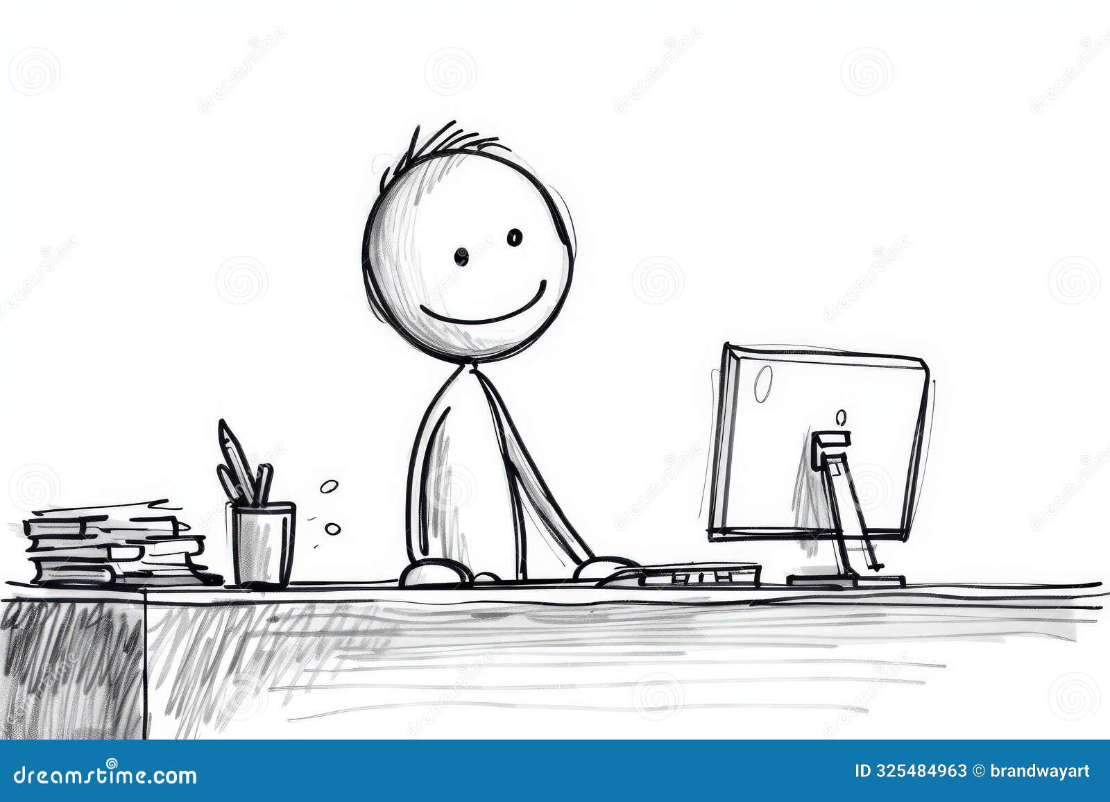 Happy Stick Figure Working on Computer Stock Illustration ...