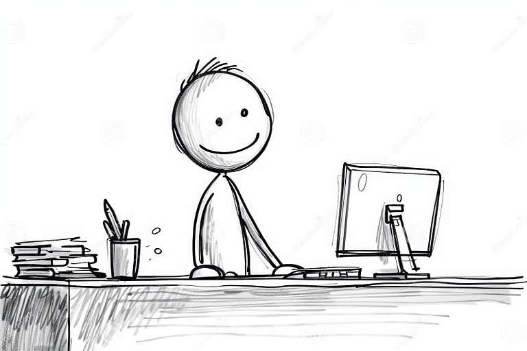Happy Stick Figure Working on Computer Stock Illustration ...
