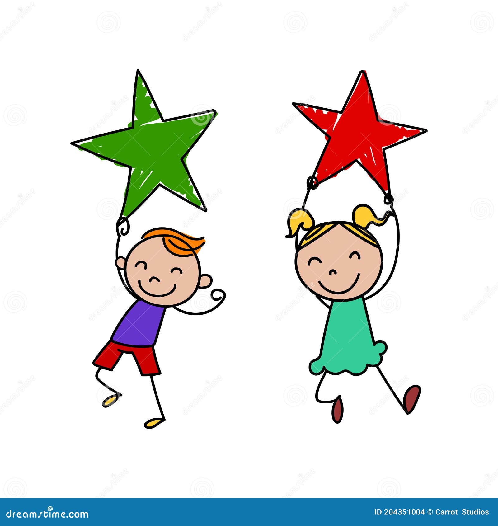 Happy Stick Figure Kids Holding Star Awards Stock Vector - Illustration ...