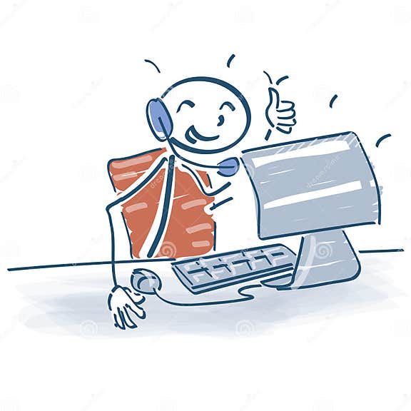 Stick Figure Sitting at the Computer with a Headset on Stock Vector ...