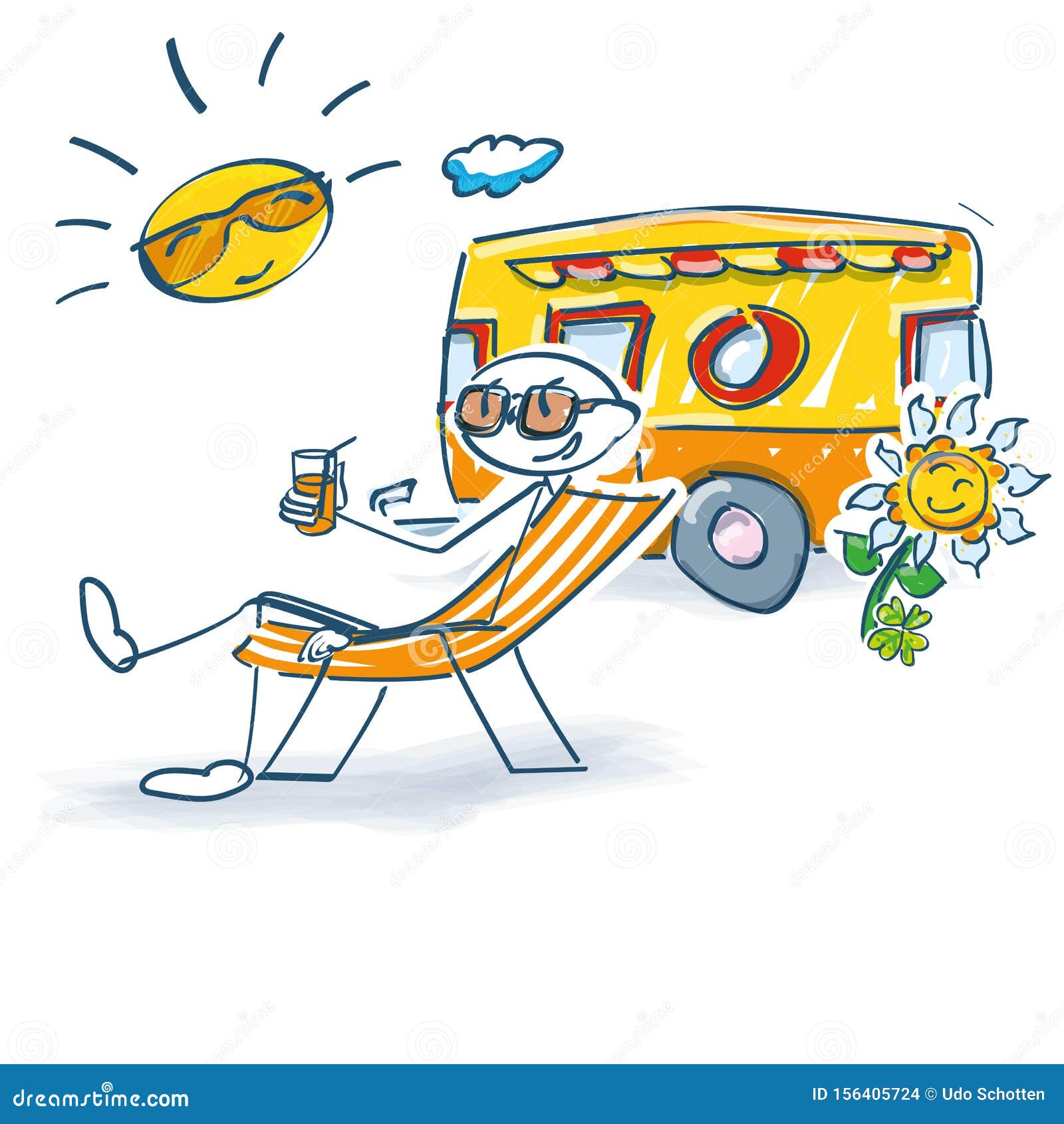 Stick Figure Sitting in a Deck Chair in Front of a Caravan on Vacation ...
