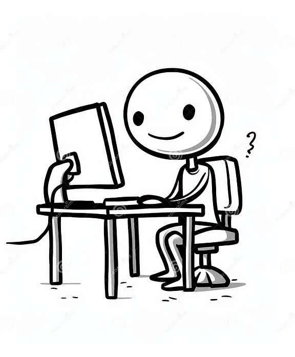 Stick Figure Working at Computer Stock Illustration - Illustration of ...