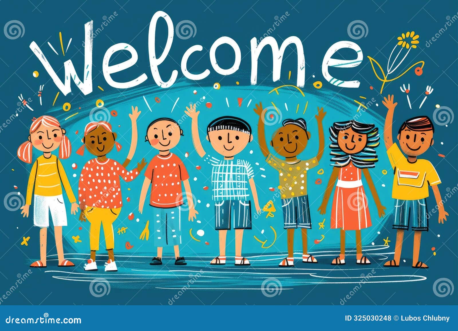 Stick Figures Holding the Word Welcome. Illustrated Banner with the ...