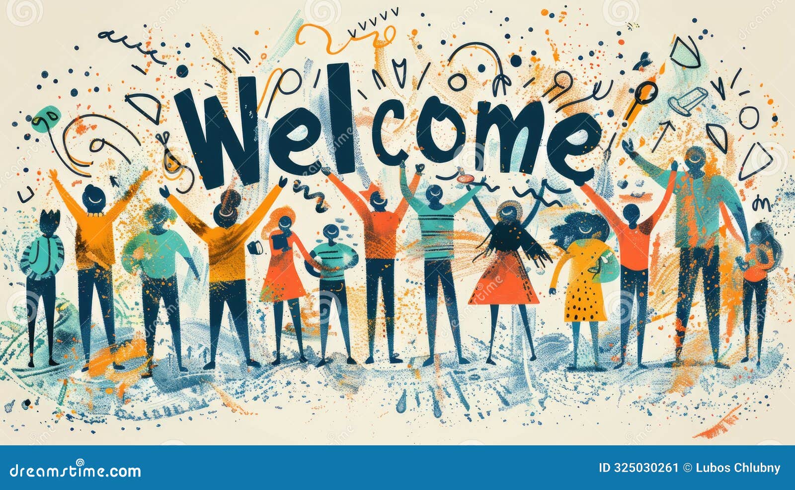 Stick Figures Holding the Word Welcome. Illustrated Banner with the ...