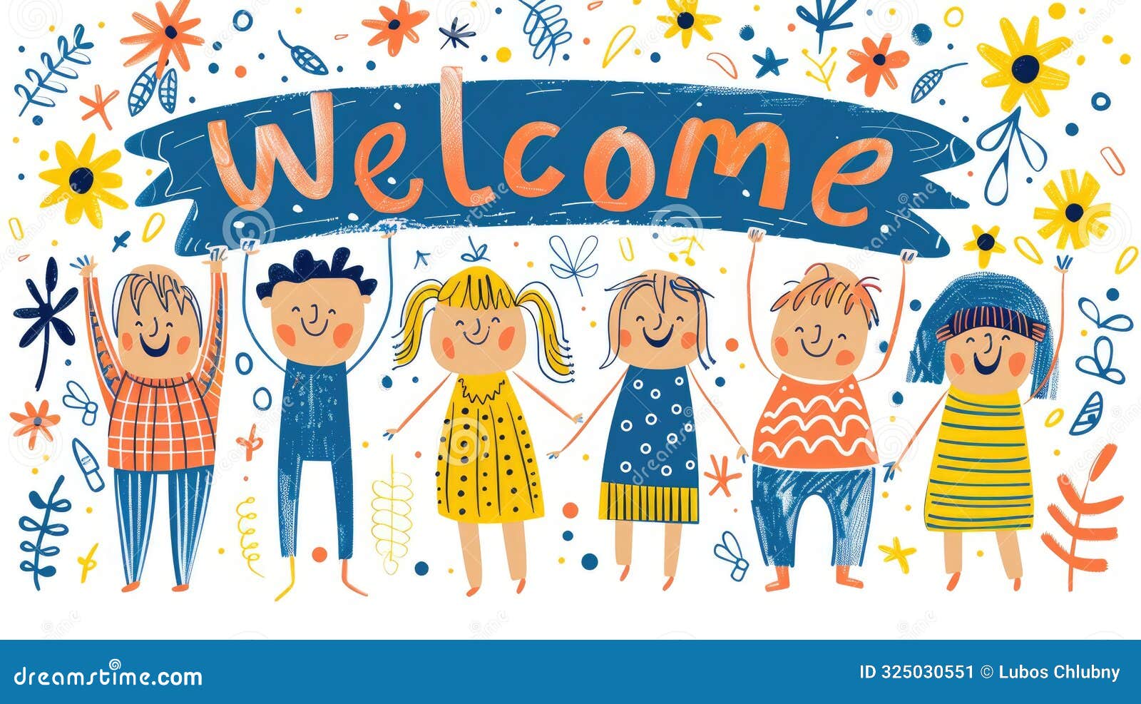 Stick Figures Holding the Word Welcome. Illustrated Banner with the ...