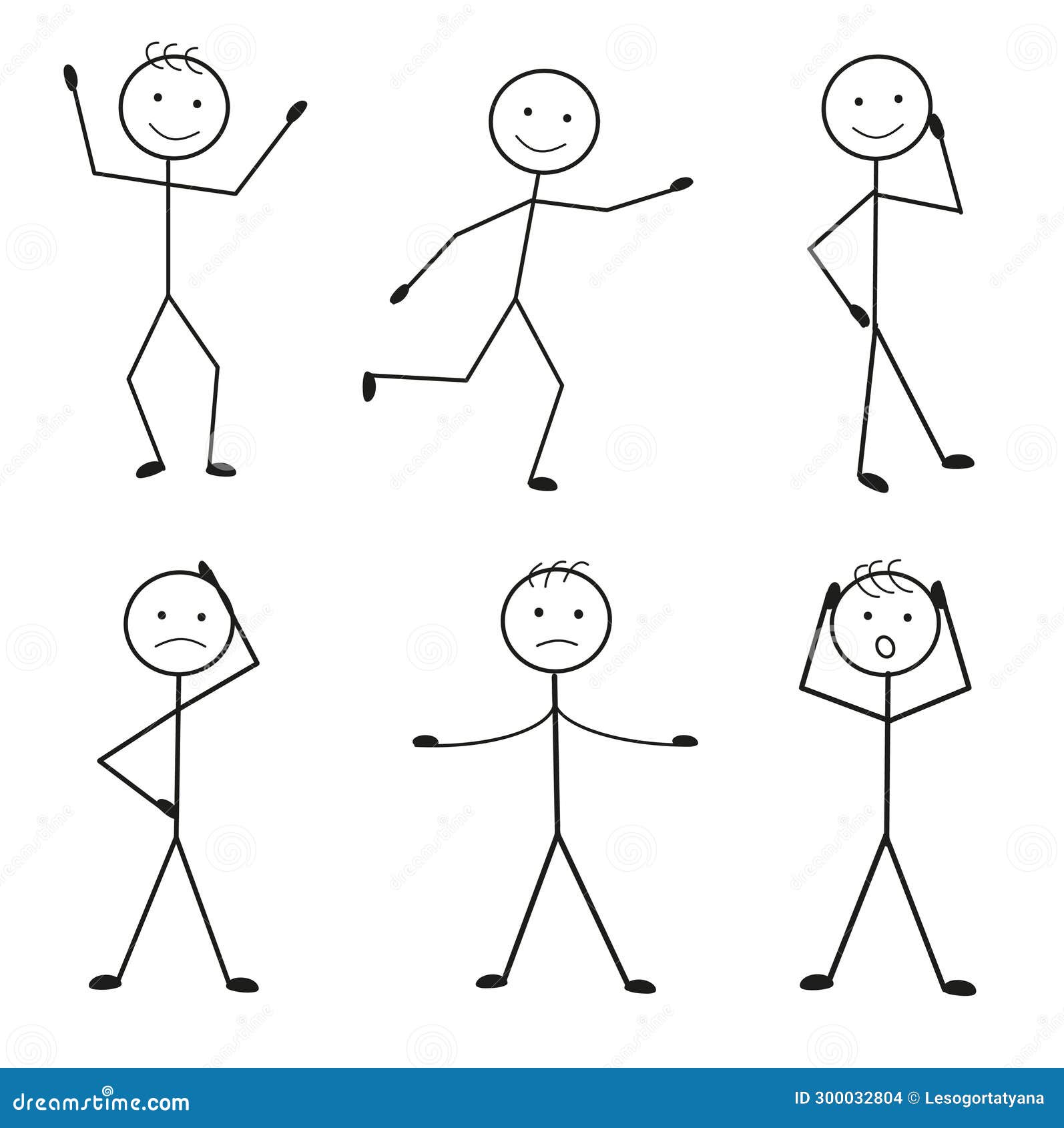 Stick Man in Different Poses: Standing, Running, Jumping, Thinking ...