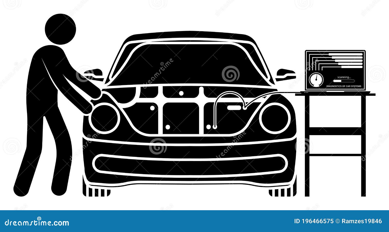 Stick Man, Repairman Using Laptop Checks Serviceability of Car ...
