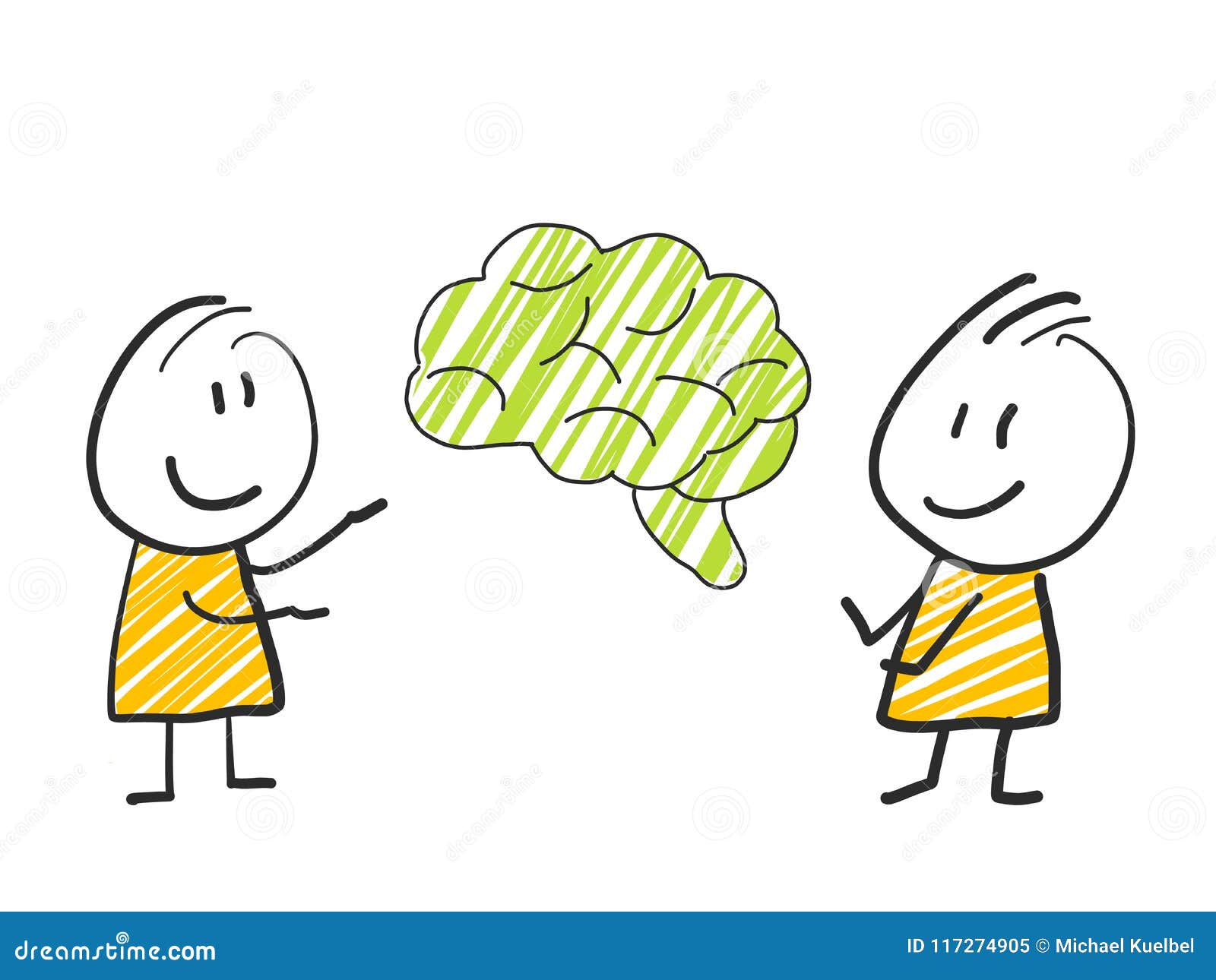 2 Stick Man Standing and Thinking Expression Illustration Yellow Brain ...
