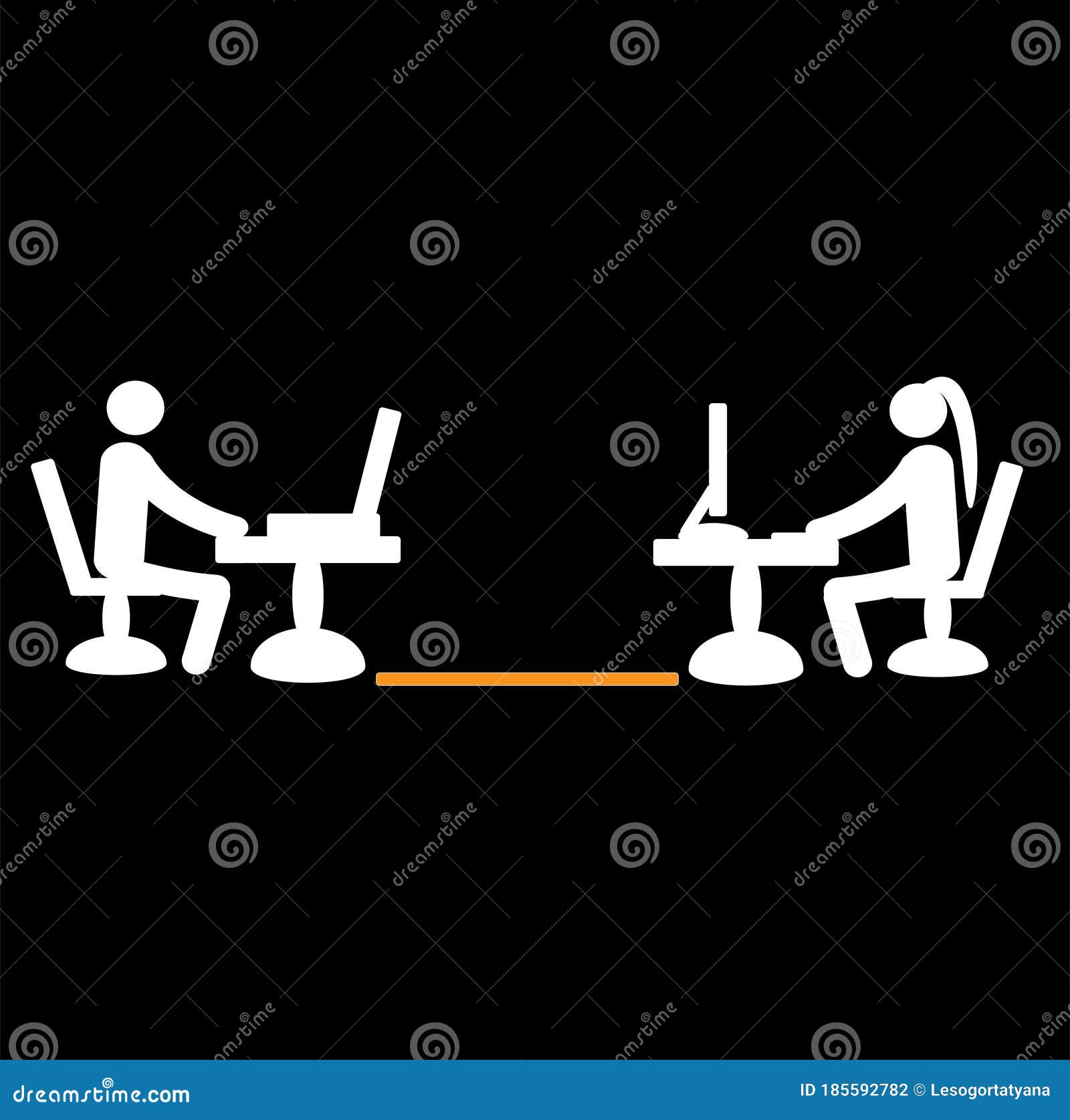 Stick People Work on Computers. Social Distancing. Keep a Distance of 2 ...