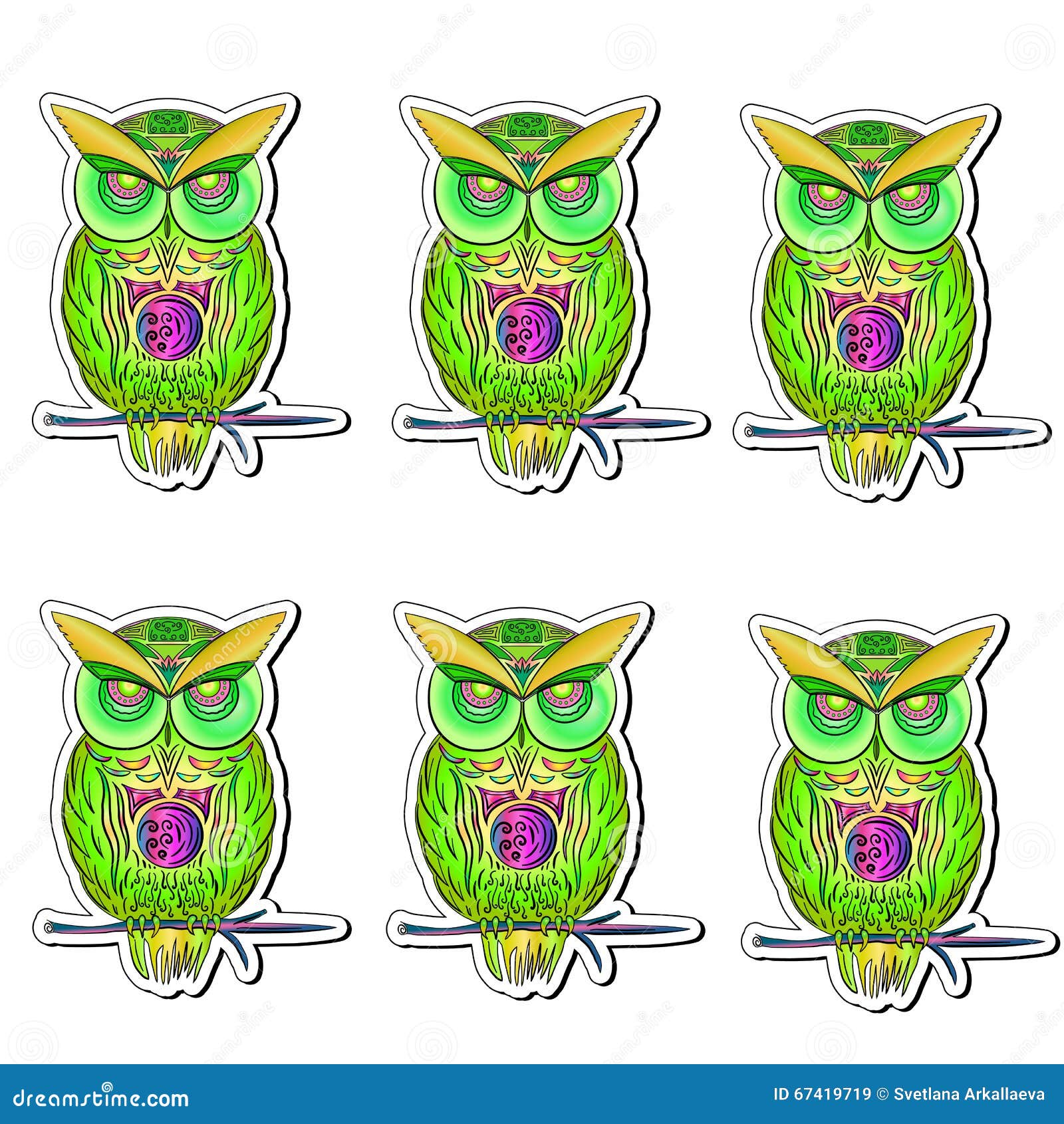 Sticker with Bright, Colorful Owls Stock Vector - Illustration of ...