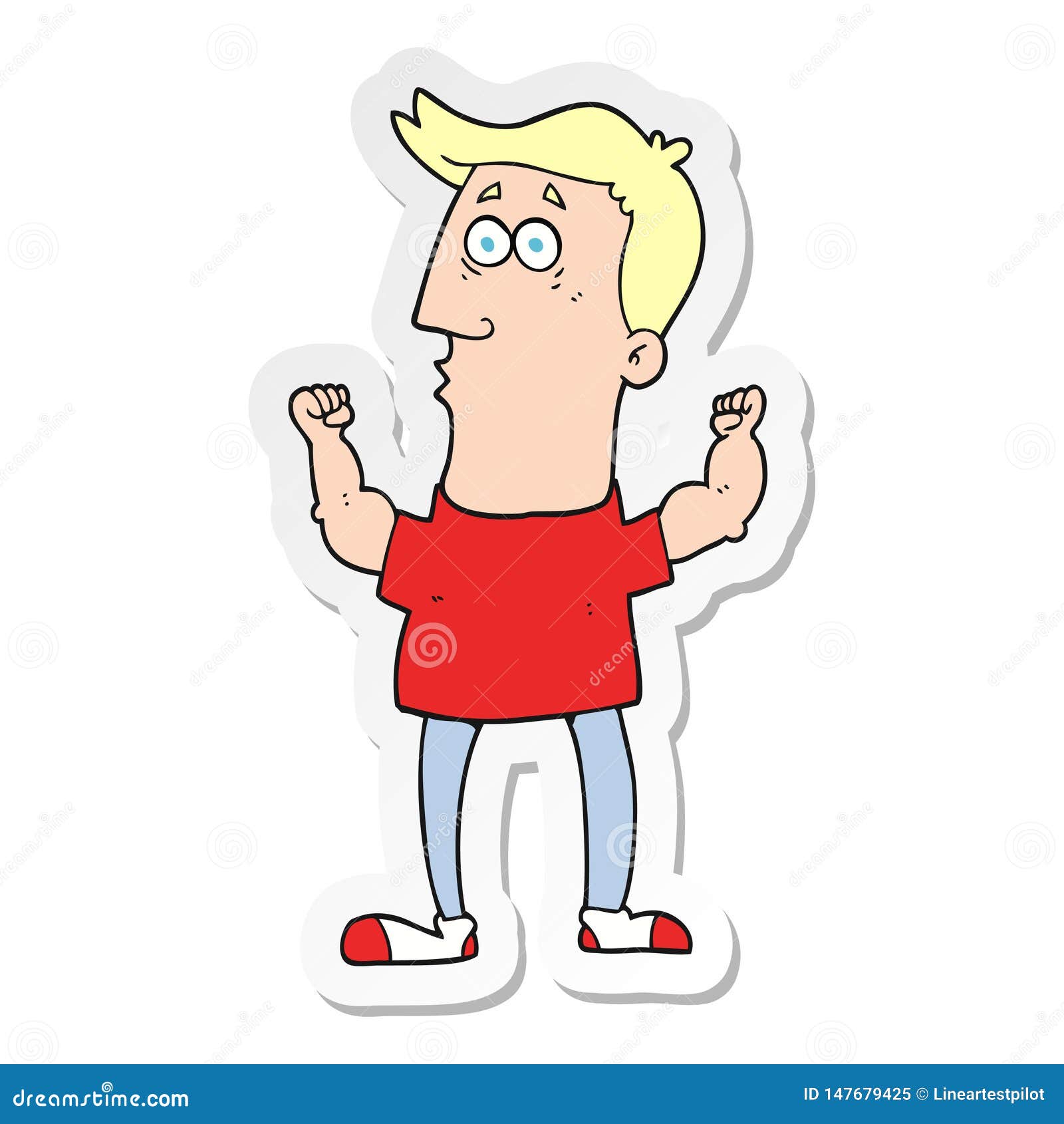 Sticker of a Cartoon Surprised Man Flexing Biceps Stock Vector ...