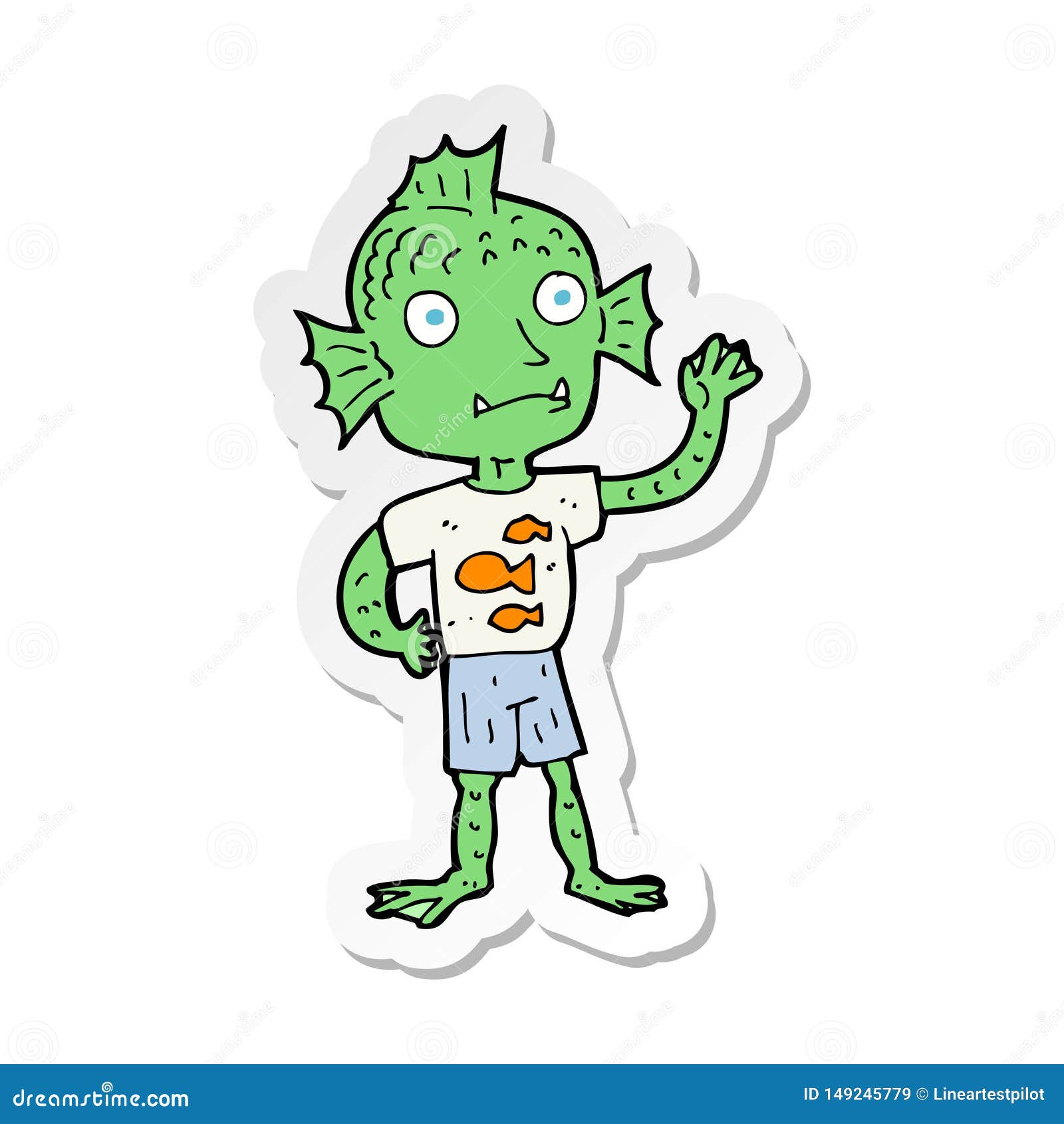 Sticker of a Cartoon Waving Fish Boy Stock Vector - Illustration of ...